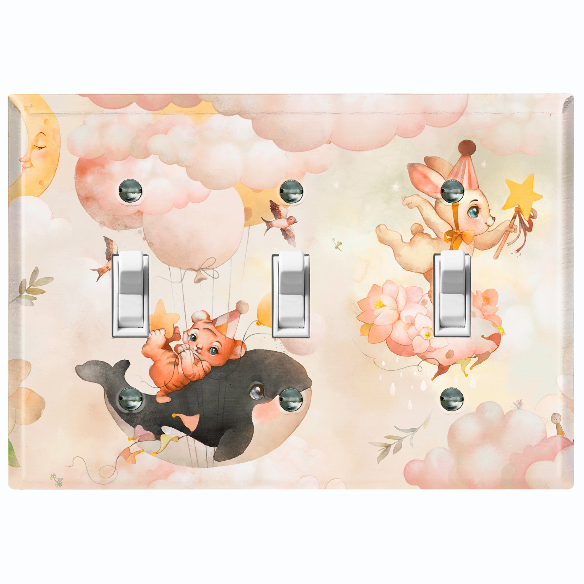 WorldAcc Cute Nursery Whale Rabbit Cloud 3-Gang Toggle Light Switch ...