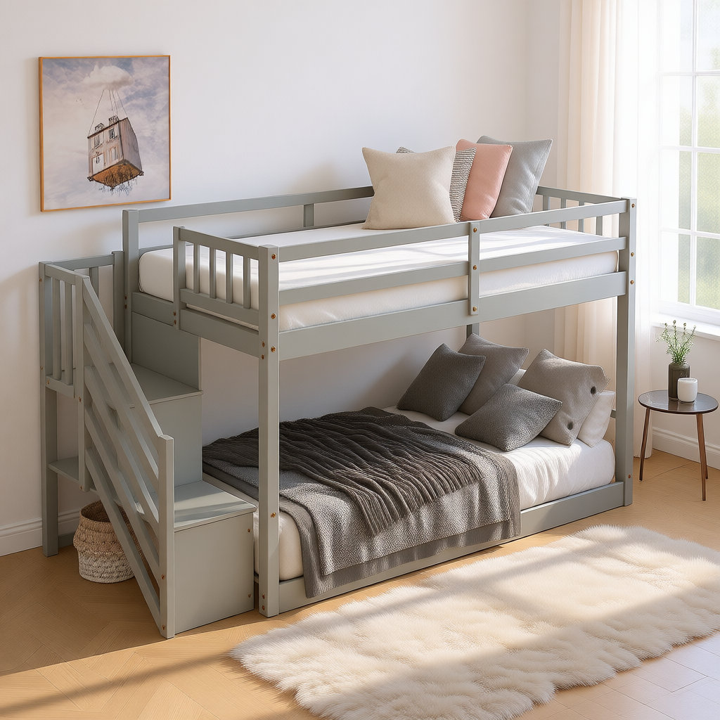 Harriet Bee Twin Over Twin Floor Bunk Bed with Built-in Storage Ladder ...