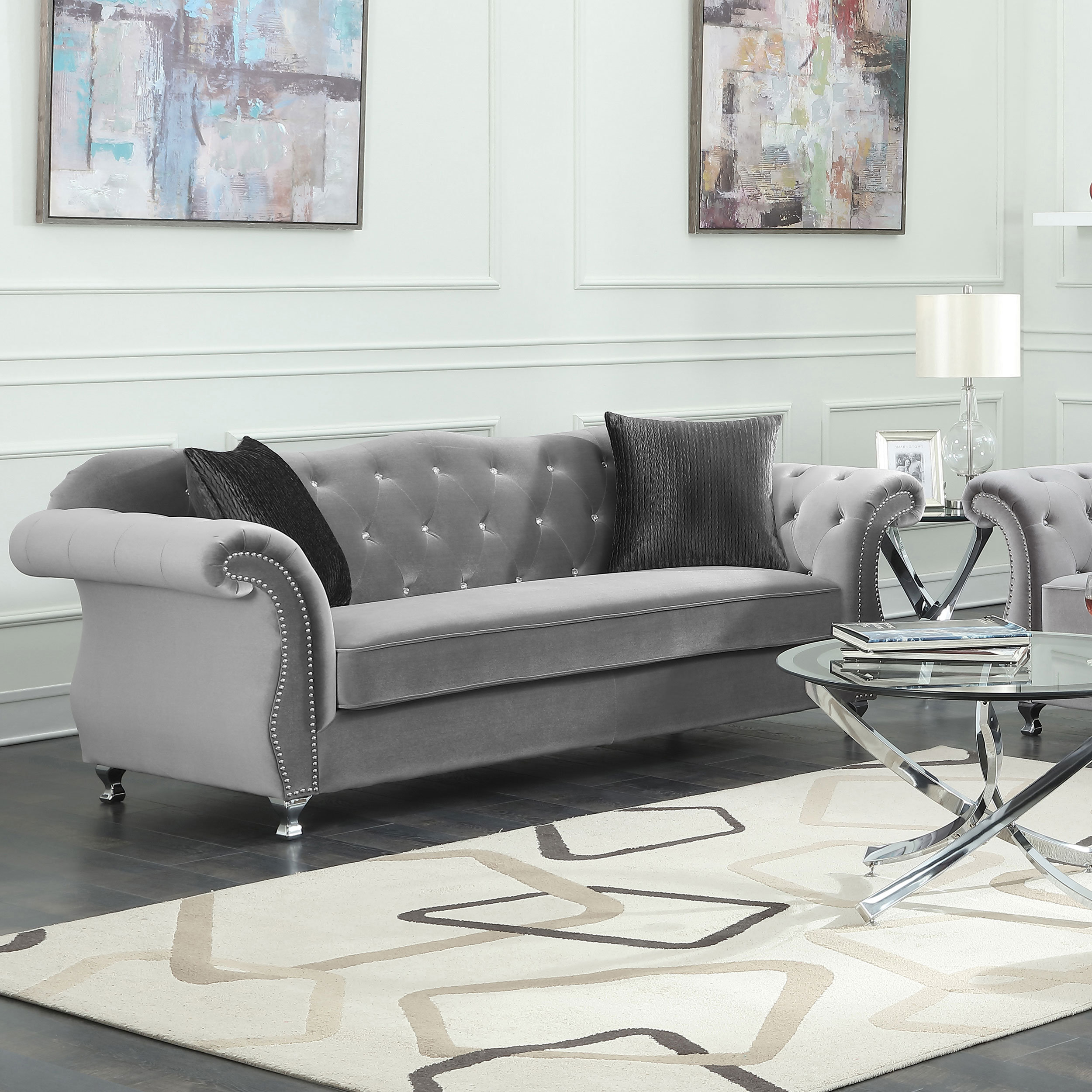 Rosdorf Park Lesette Upholstered Rolled Arm Tufted Sofa Silver | Wayfair