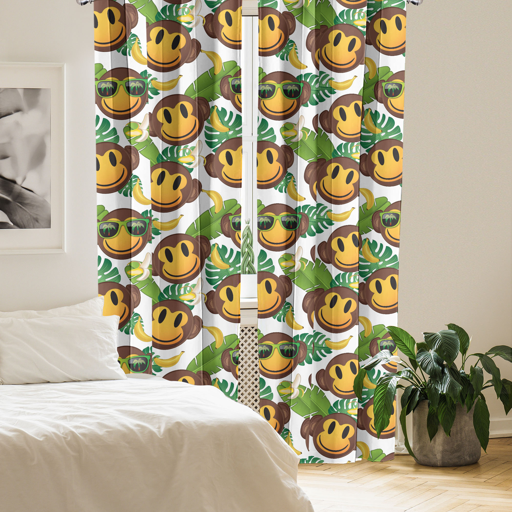 East Urban Home Deionta East Urban Home Emoji Curtains Cheery Monkeys Banana Lover Pair of 28 ...