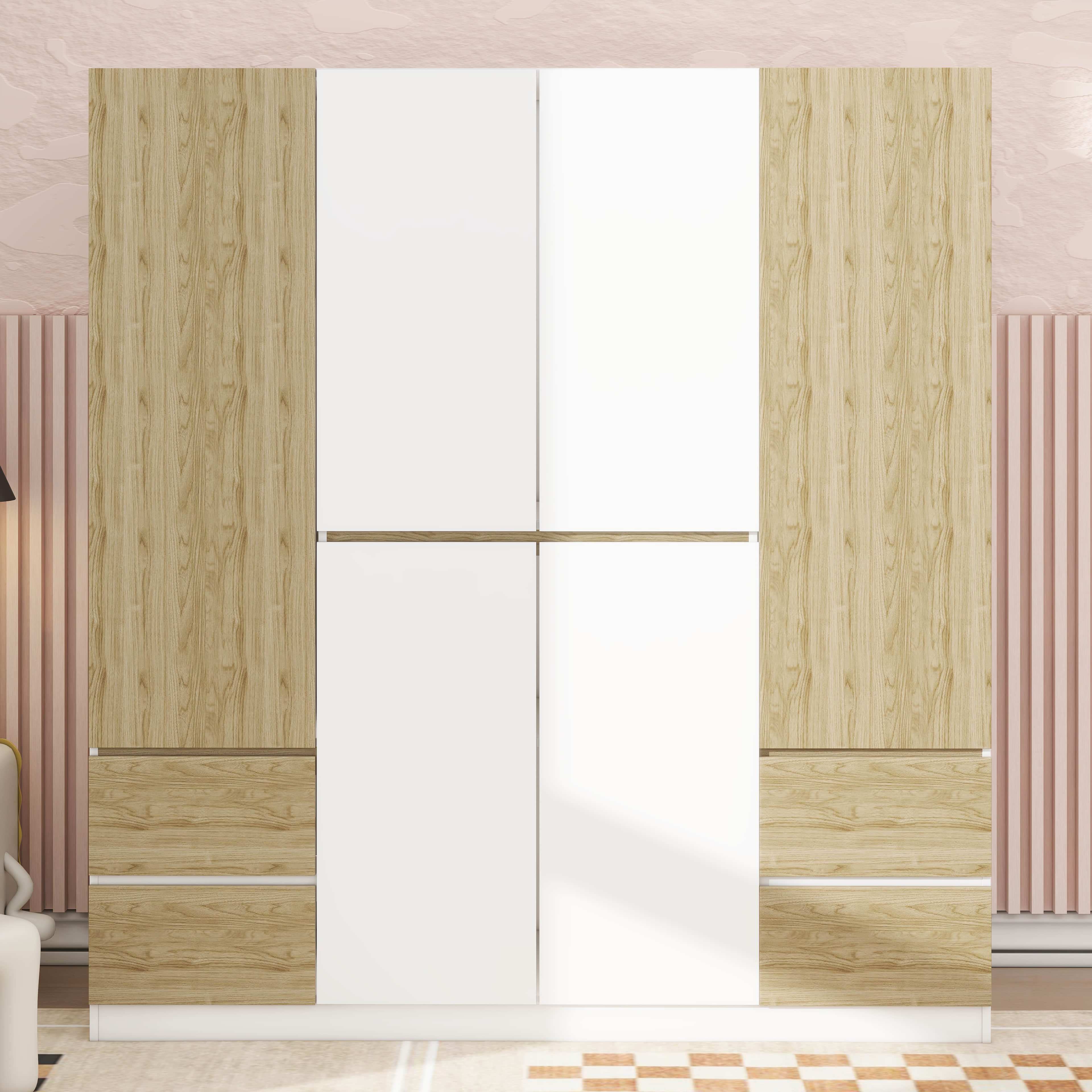 Latitude Run® 6-Doors Wooden Wardrobe With 4 Drawers Inside, Shelves ...