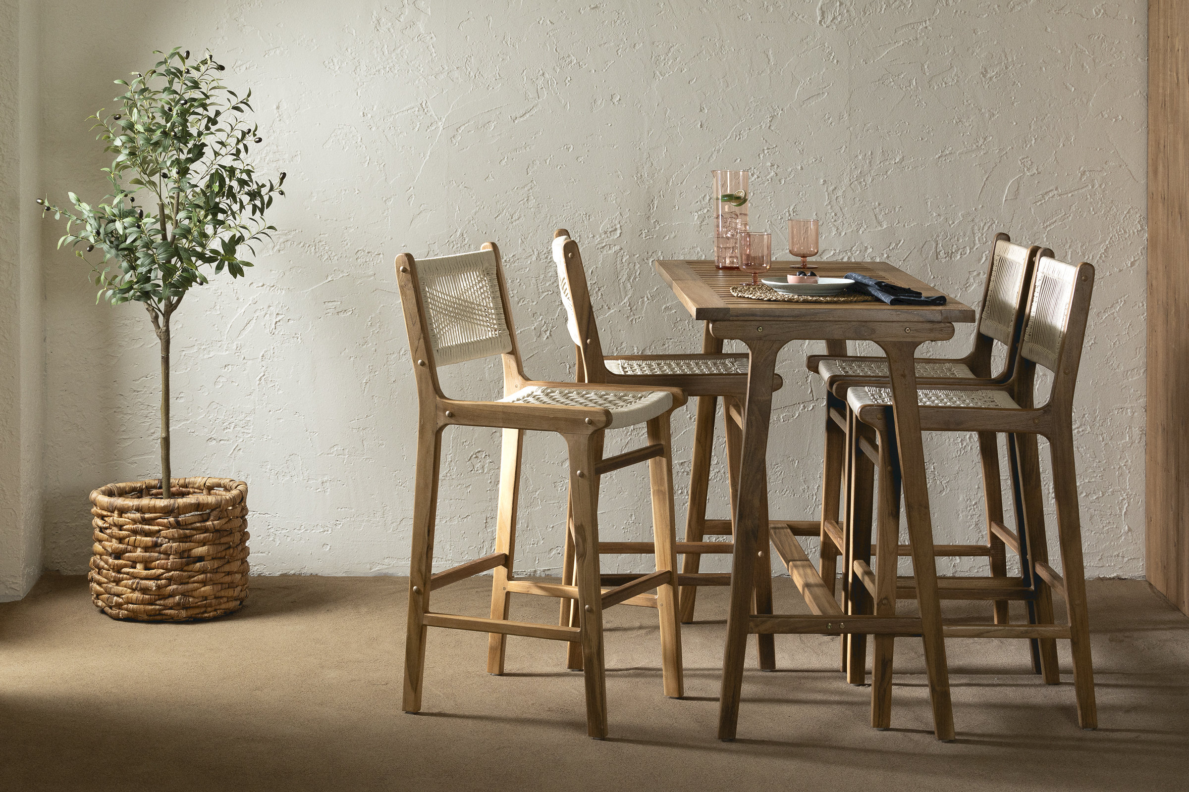 South Side Living Agave Bar Teak Bar Table And Set Of 4 Woven Rope Bar ...