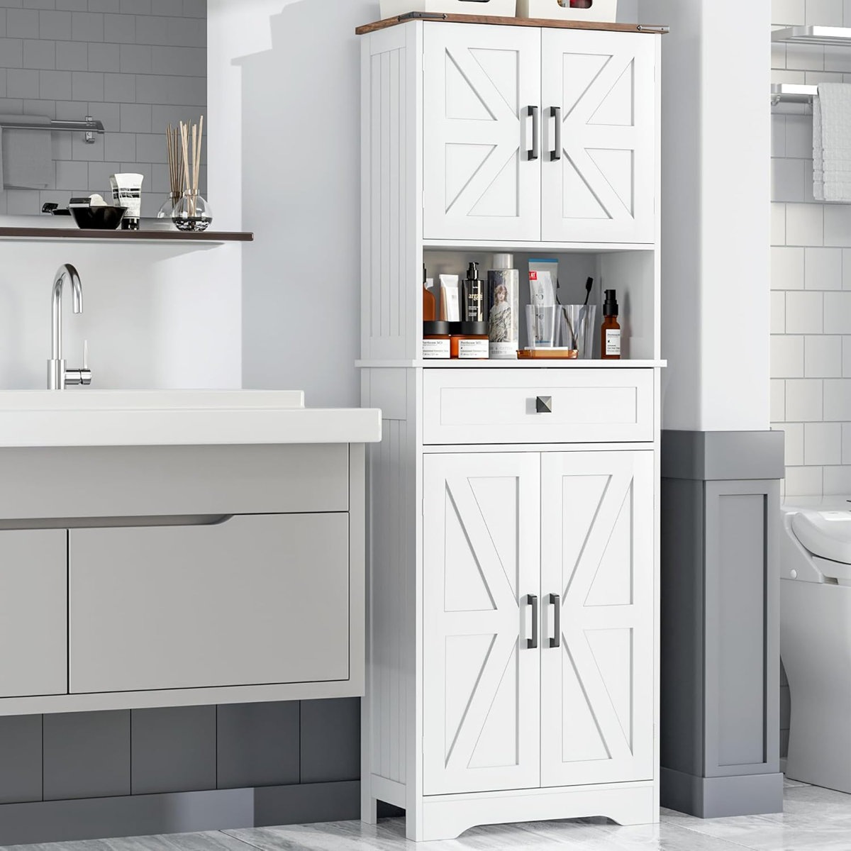 Gracie Oaks 67"H 3-Compartment 4-Door Linen Cabinet, Freestanding ...