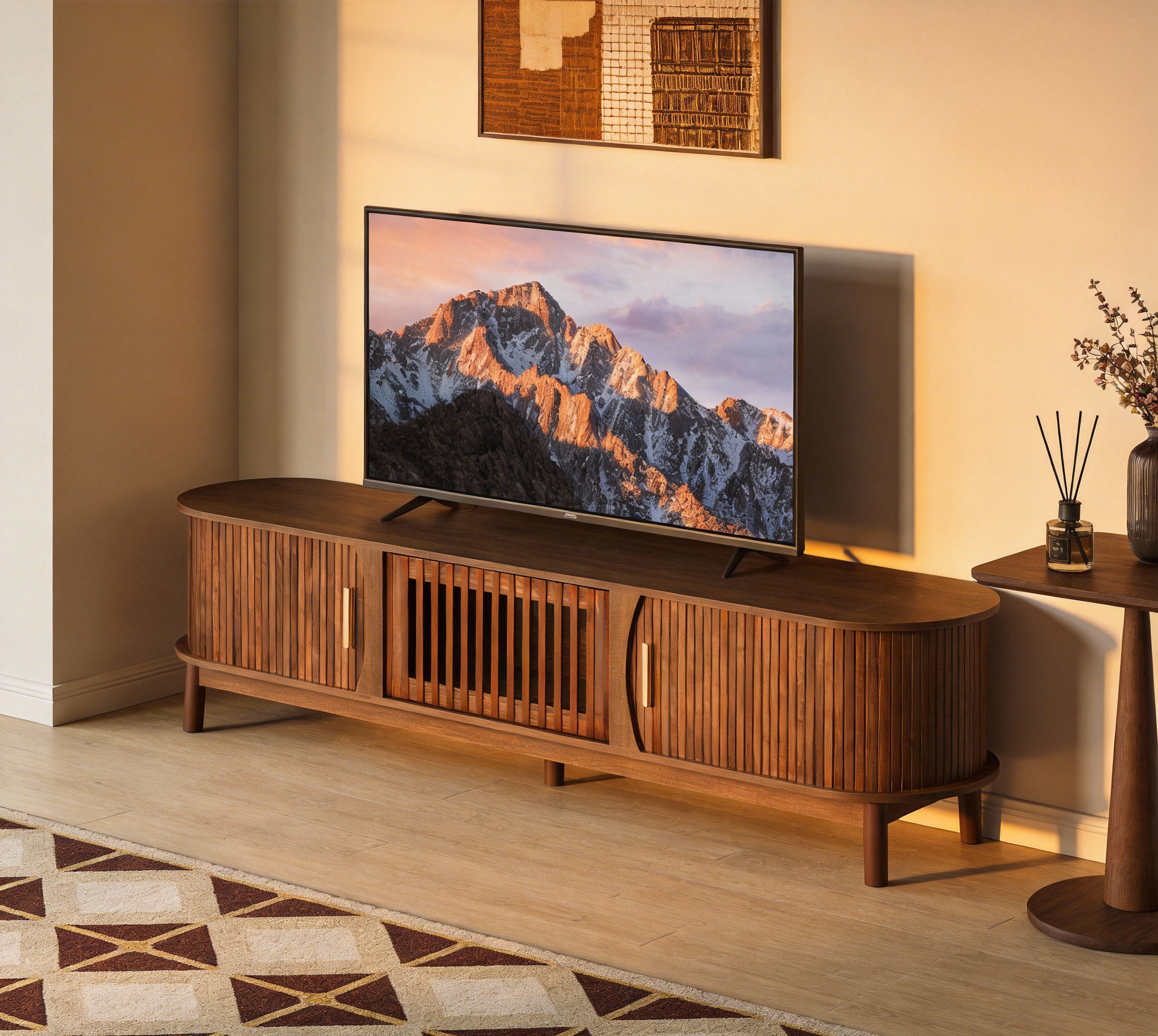George Oliver Dark Brown Slatted TV Stand 66.92”- Fits 60-79 Inch Tvs ...