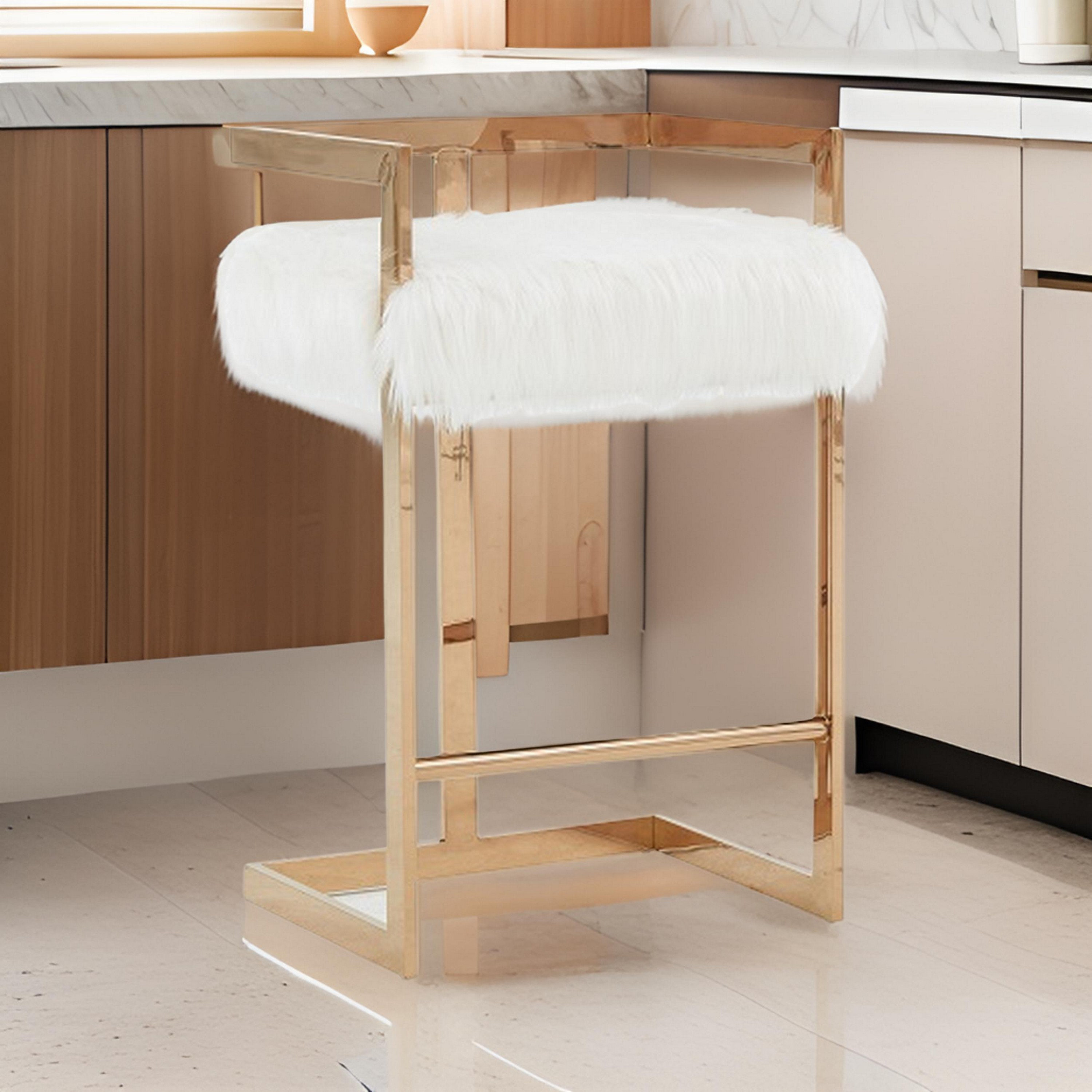 Everly Quinn 26 Inch Counter Height Stool, Gold Metal Frame, White Faux ...