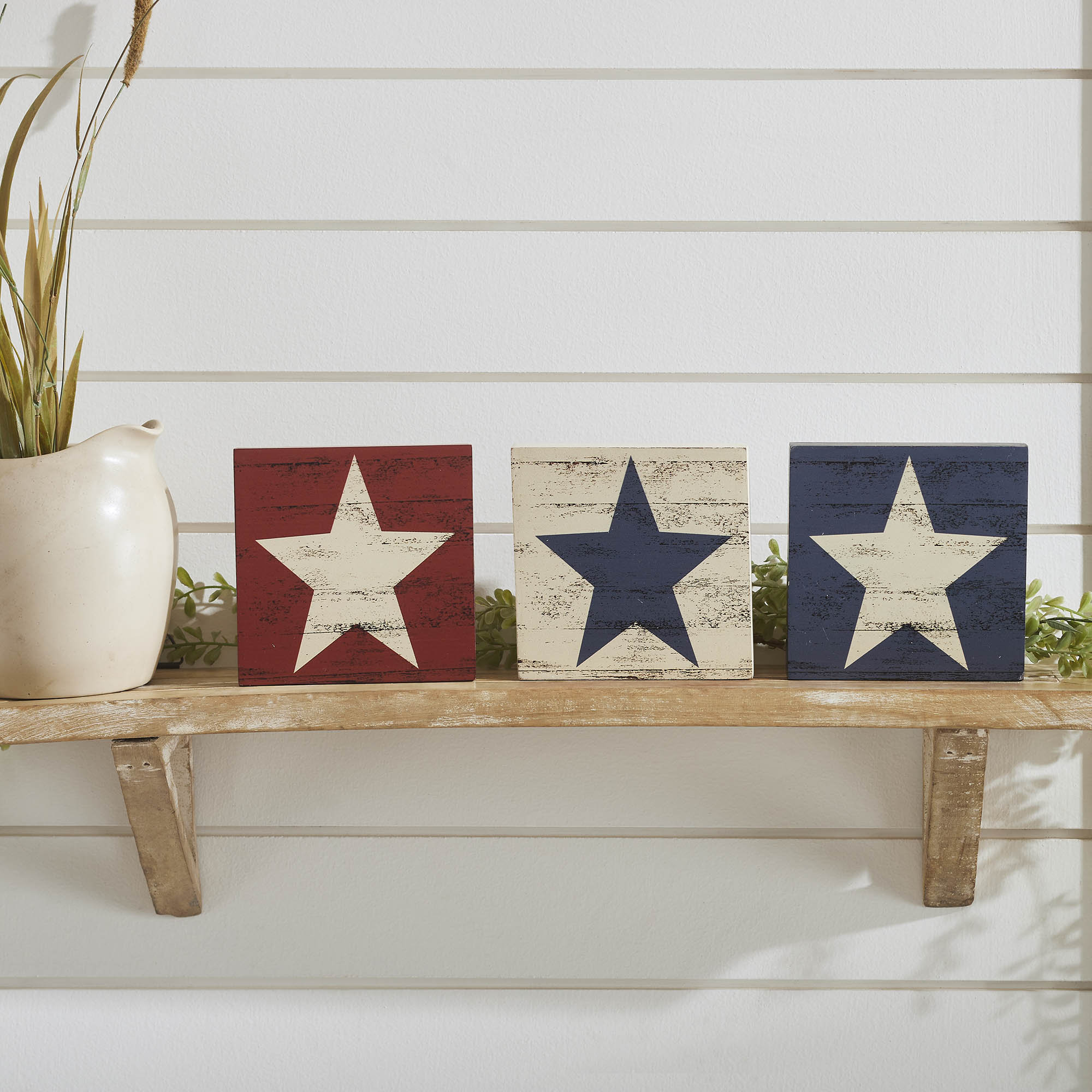 VHC Brands Festive Finds RWB Star MDF Block Signs Set of 3 5x5x1 | Wayfair