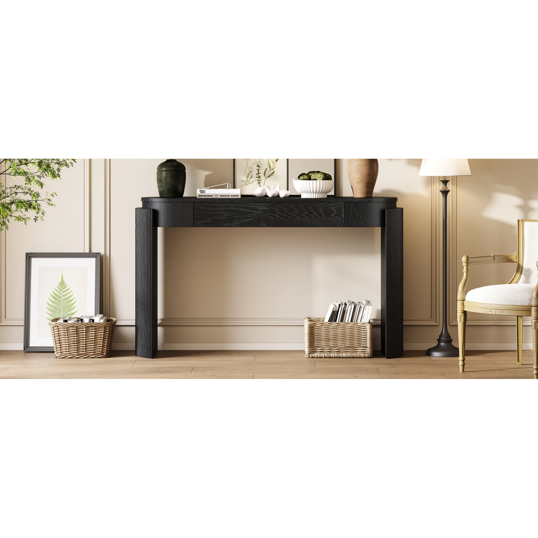 Ivy Bronx Entryway Console Table, Natural Wood Grain, Classic Fluted ...