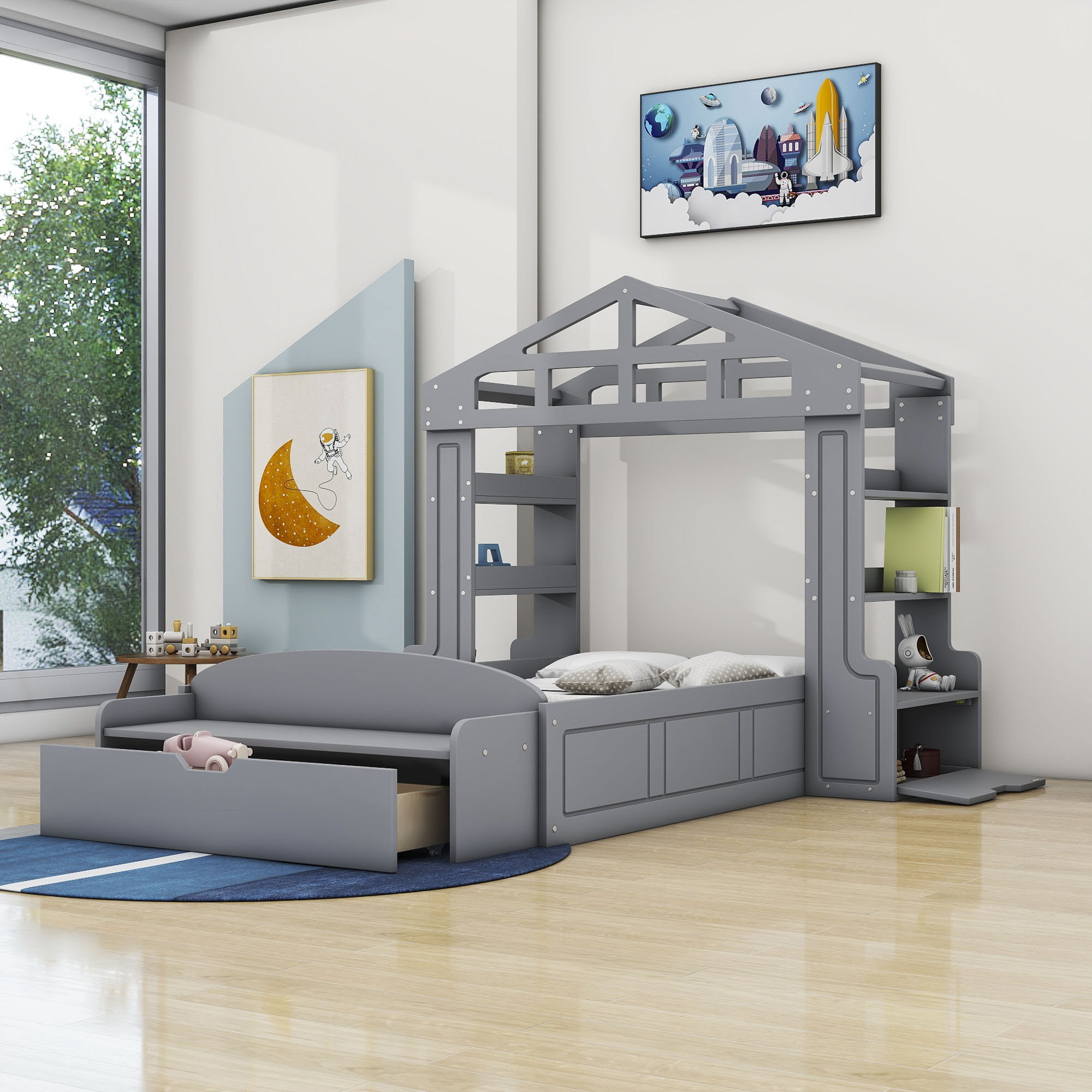 Latitude Run® Xandrea Twin Wood House Bed with Bench, Socket and ...