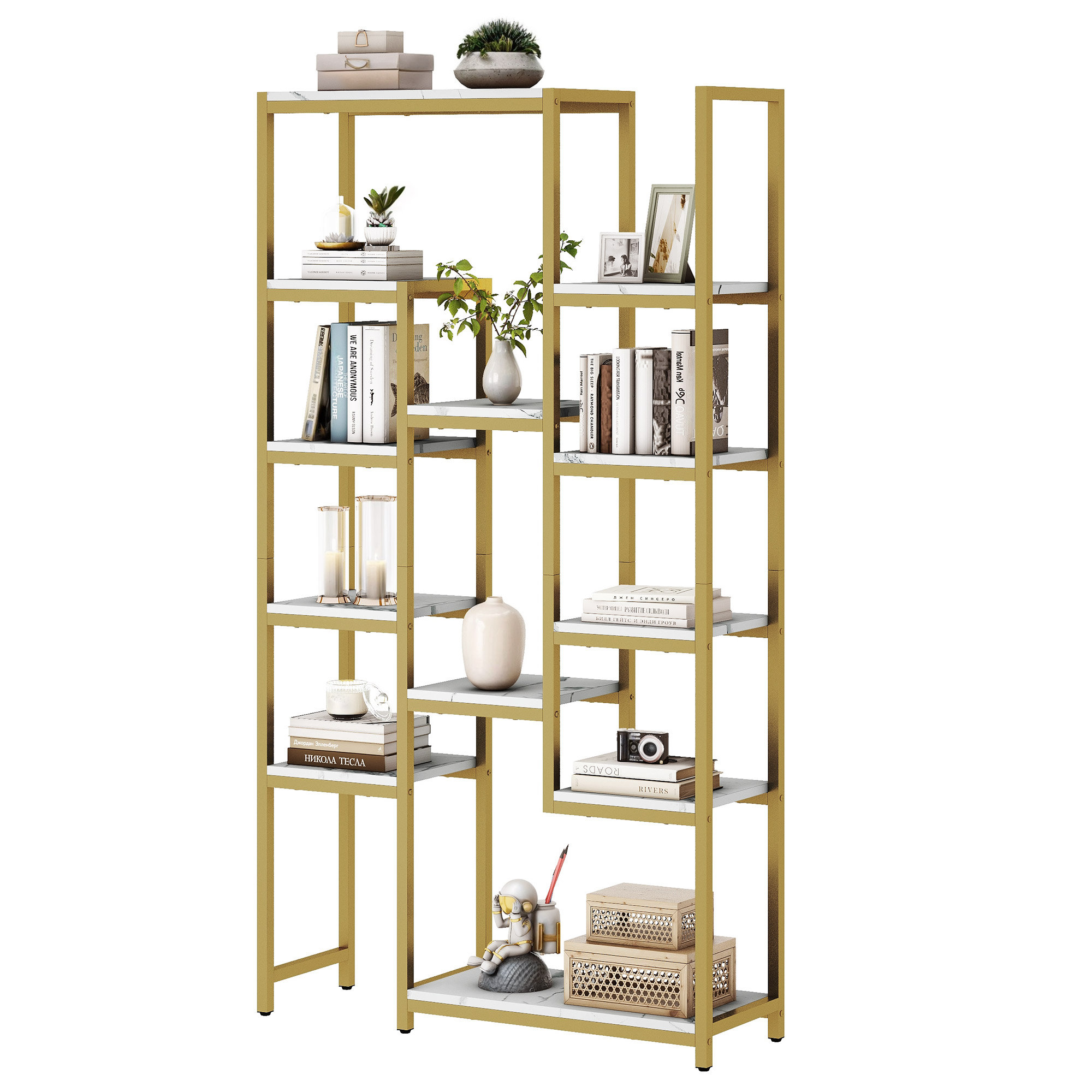 Mercer41 Argenziano 71"H Marble Wood Geometric Etagere Bookcase with ...