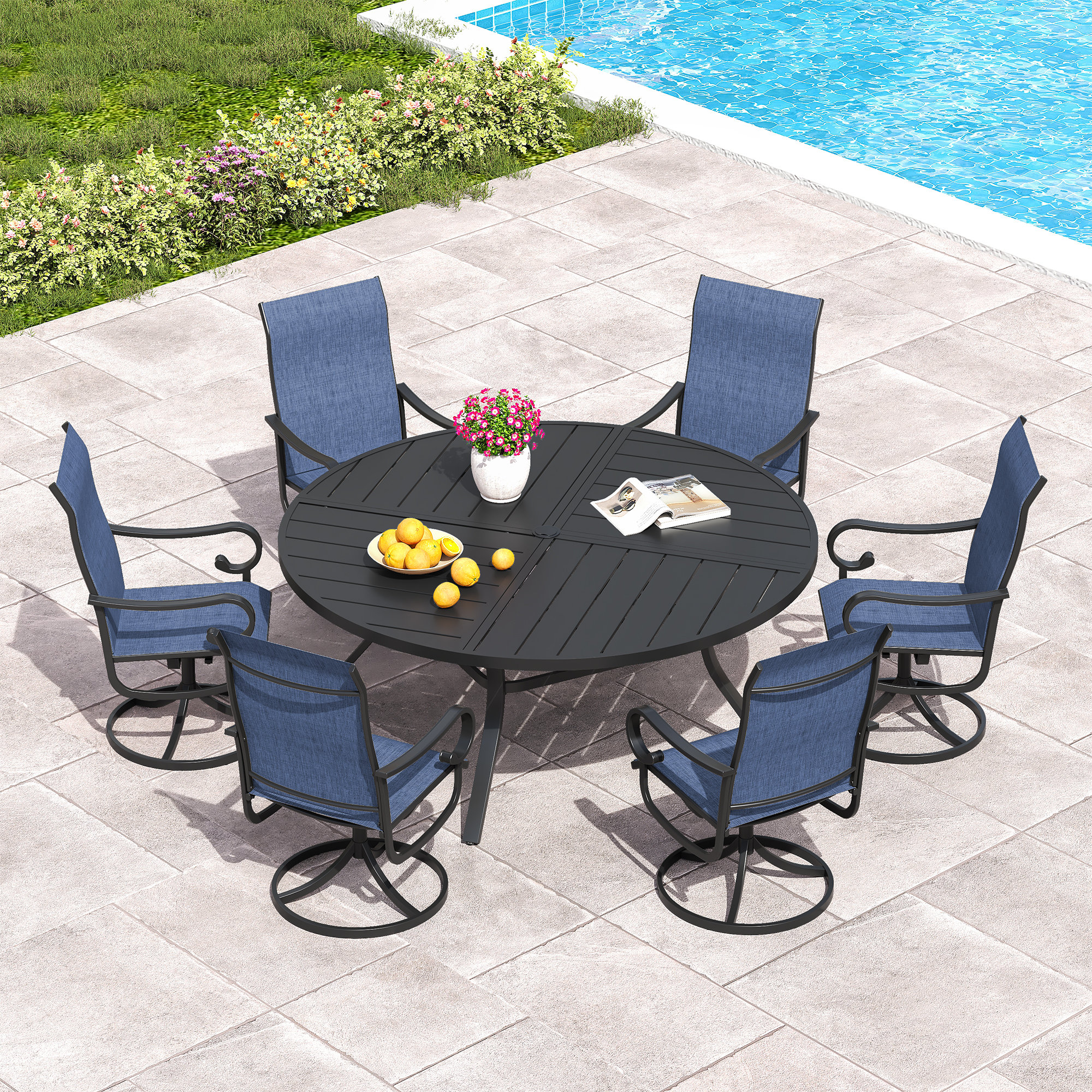 Red Barrel Studio® 53'' Round Patio Dining Table with 6 Swivel Chairs ...