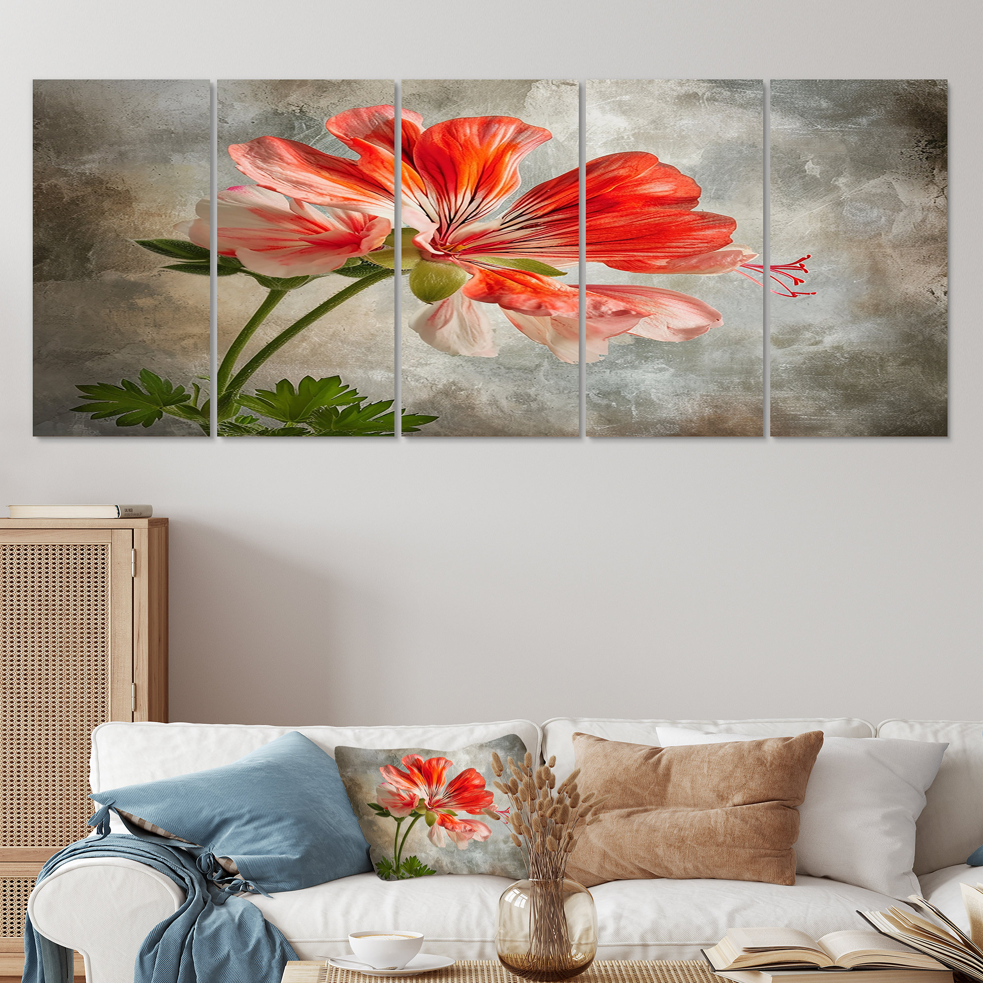 Design Art Close Up Of Red Geranium - Geraniums Wall Art Decor 5 Piece ...