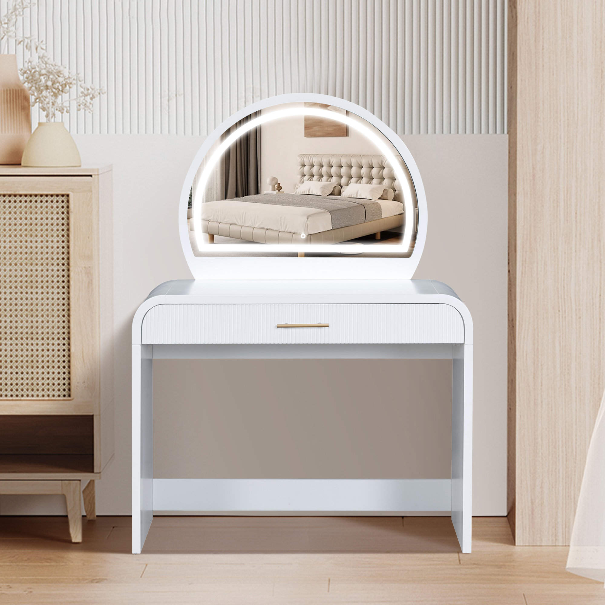 Ivy Bronx Makeup Vanity Table with Touch Screen Lighted Mirror Dressing ...