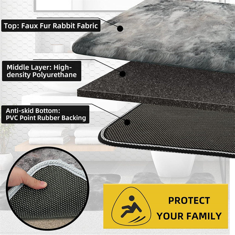 Mercer41 Bathroom Rug Set, 3 Piece Bath Rug,Grey Faux Rabbit | Wayfair