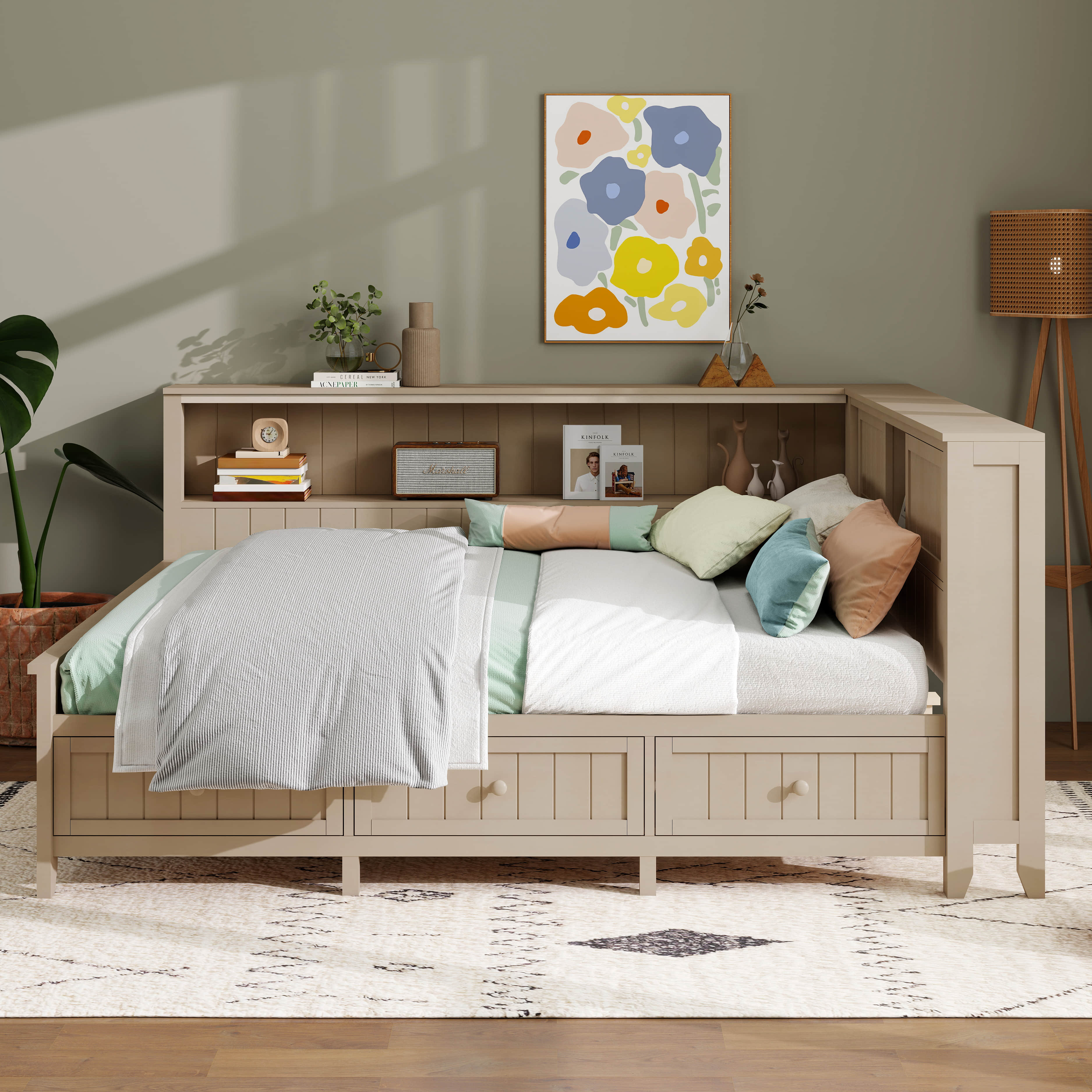 Gracie Oaks Solid Wood Daybed With 3 Storage Drawers And Shelves ...