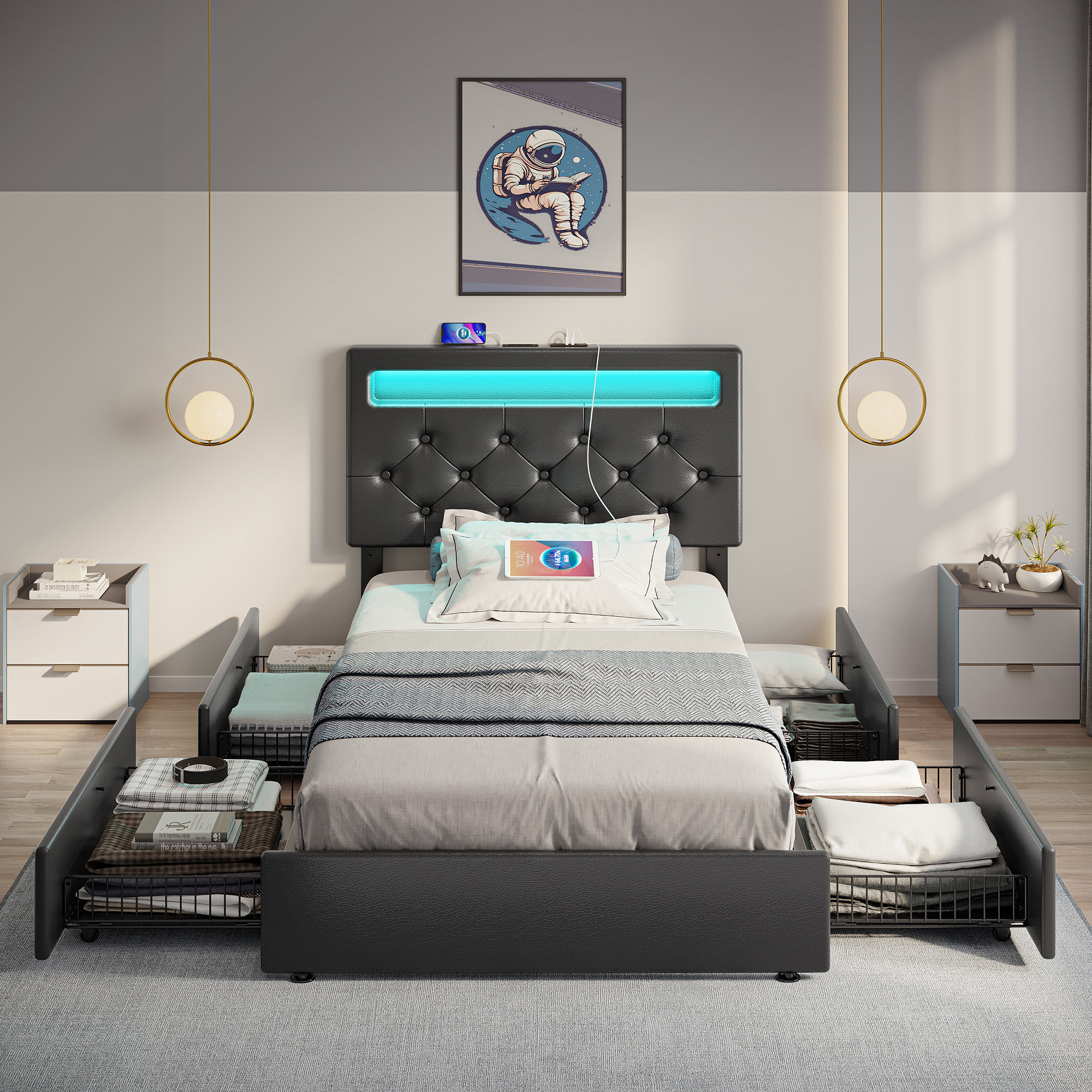 Wrought Studio™ Bed Frame with Adjustable Headboard & 4 Drawers ...