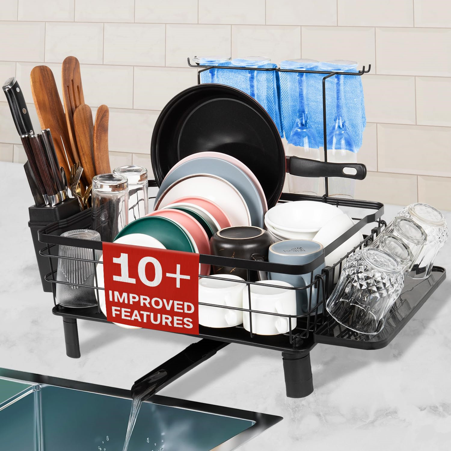 YITAHOME Dish Drying Rack with Drainboard & Adjustable Spout- Space ...