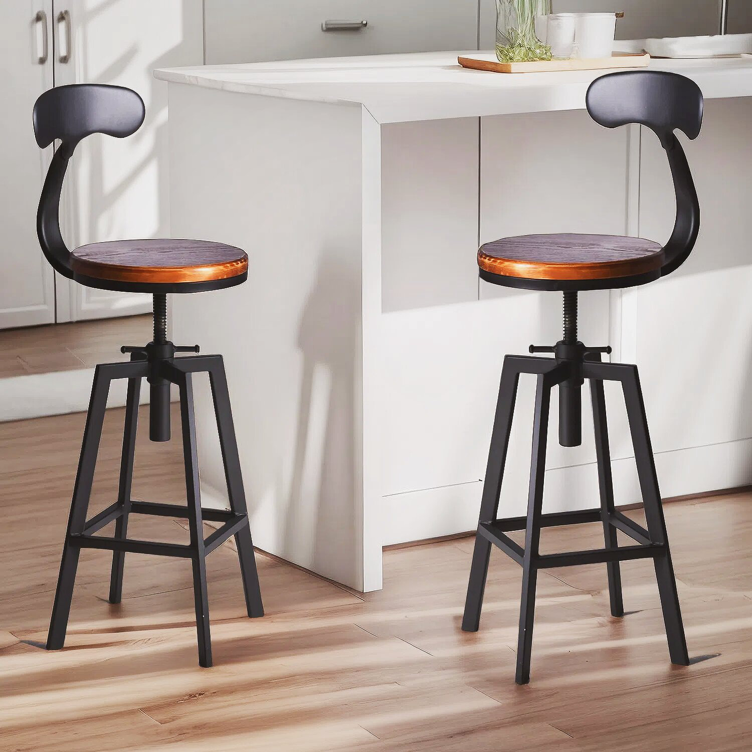 17 Stories Industrial Bar Stool-Adjustable Swivel Wood Metal Stool With ...