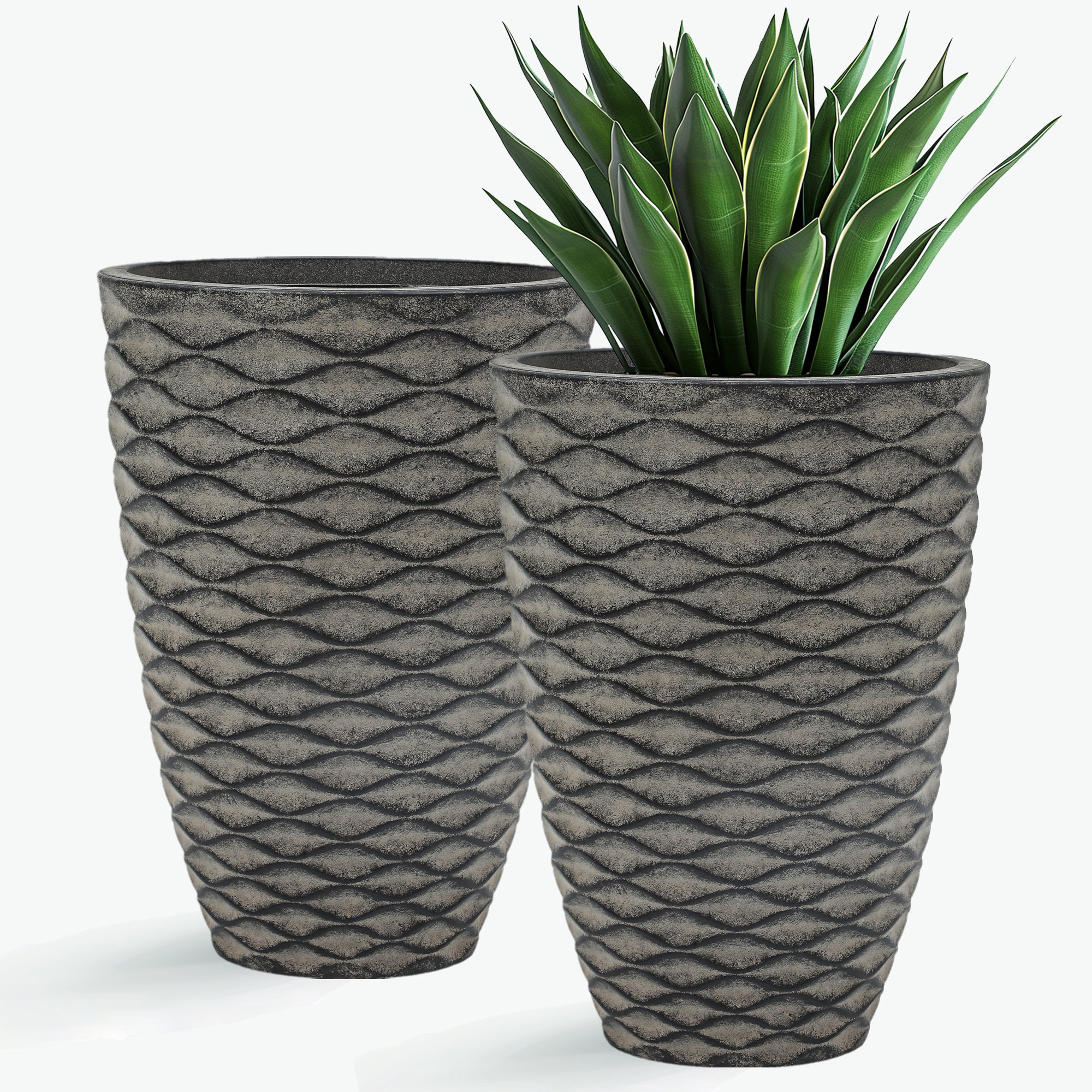 Ebern Designs Mediterranean Tall Round Planters, 19" Wave-Texture Large ...