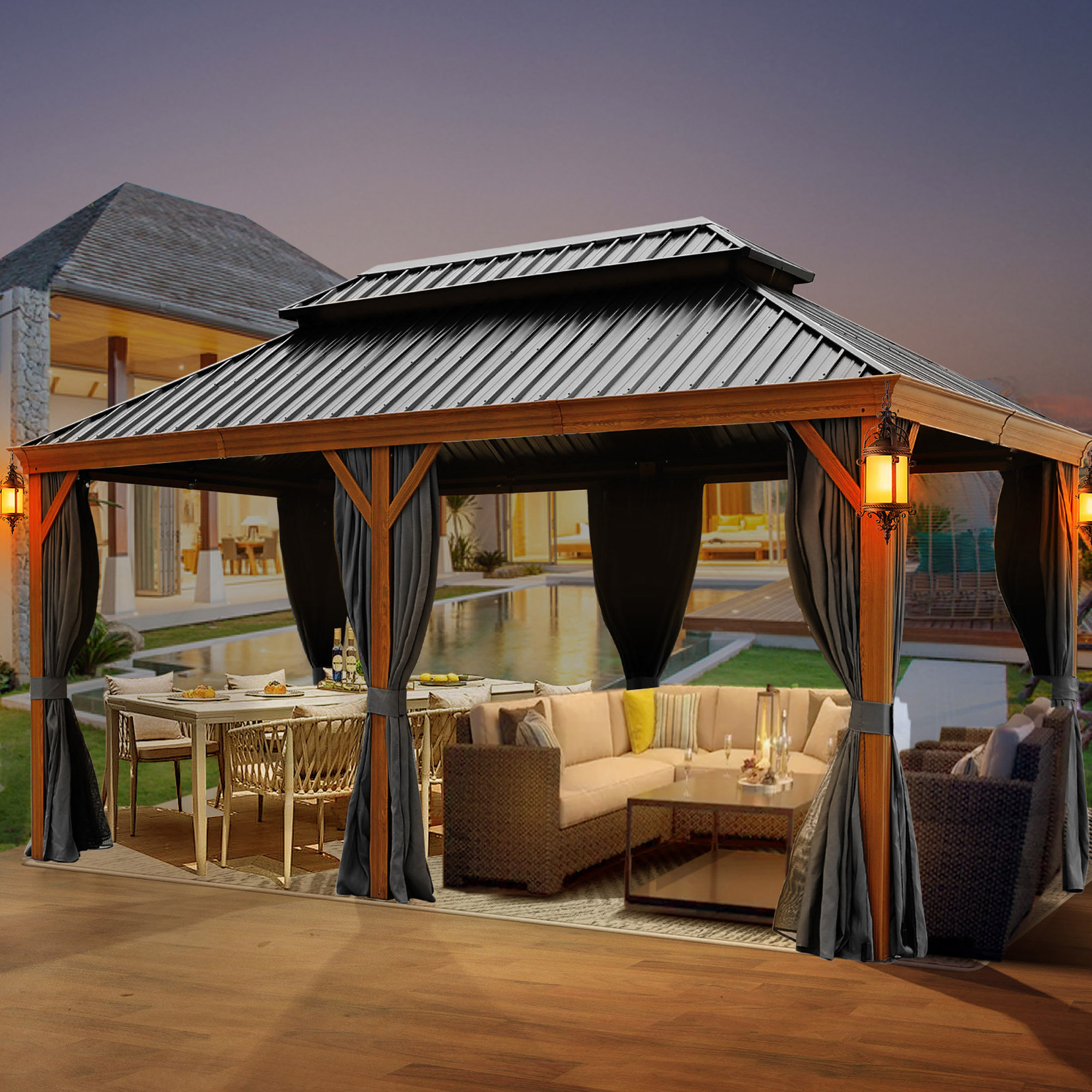 Arlmont & Co. 12X20ft Galvanized Steel Gazebos With Netting & Curtains ...