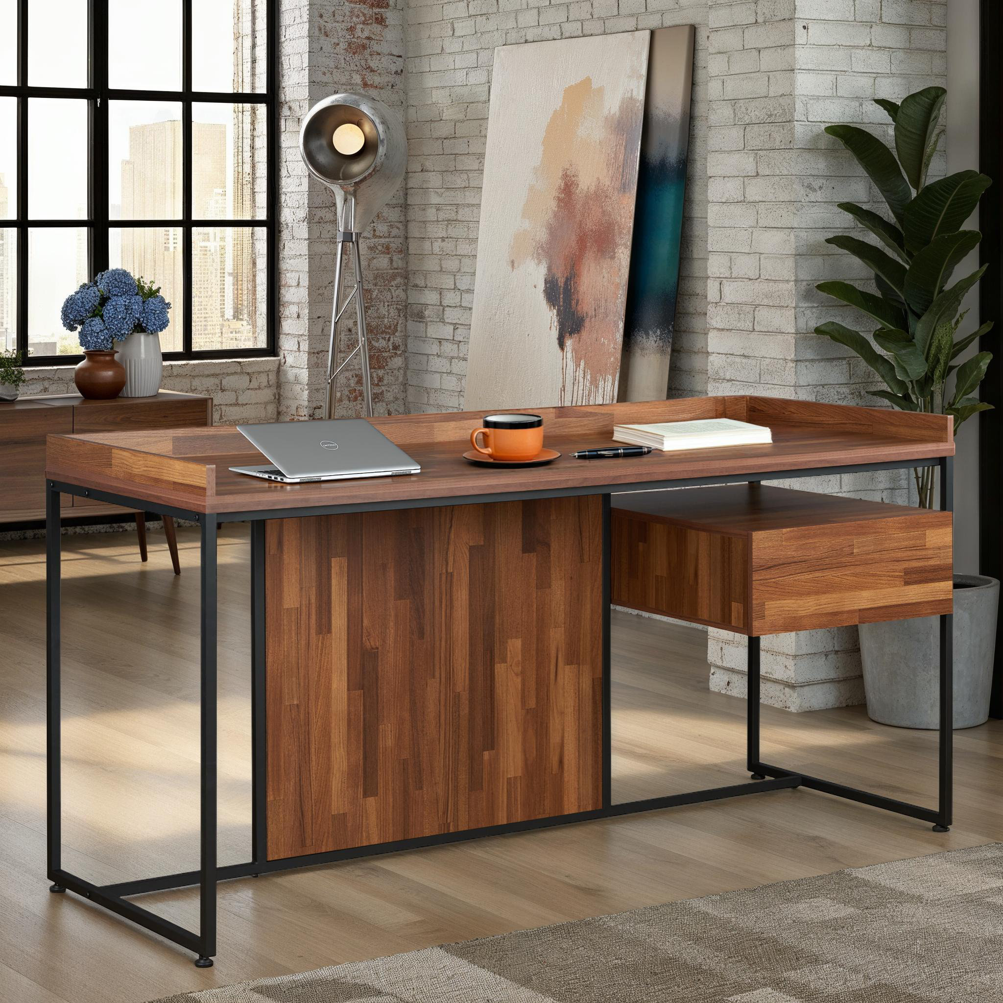 17 Stories 62" Writing Desk Walnut Finish Work Table with Storage ...