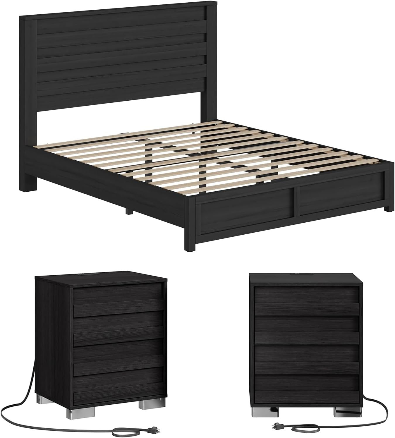 Ebern Designs Louby Farmhouse 3 Piece Platform Bed And Nightstand ...