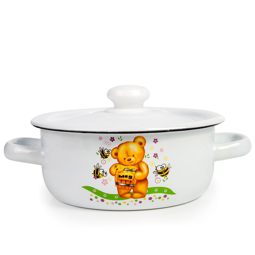 STP-Goods Teddy Bear Cylindrical Enamel Pot with Enamel Lid 1.6-qt (1 ...