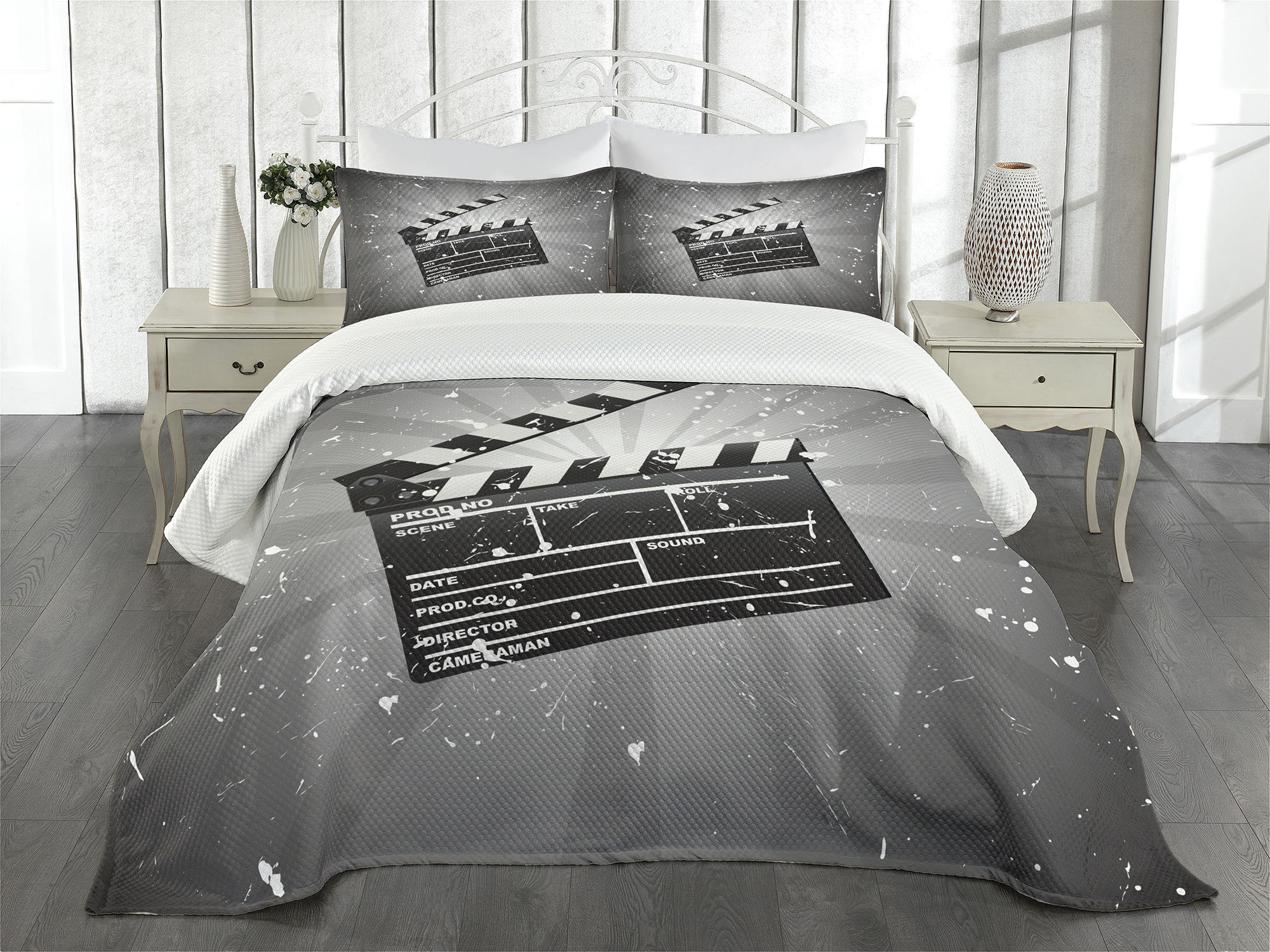 Ambesonne Movie Theater Bedspread Set Clapper Board White Black and ...