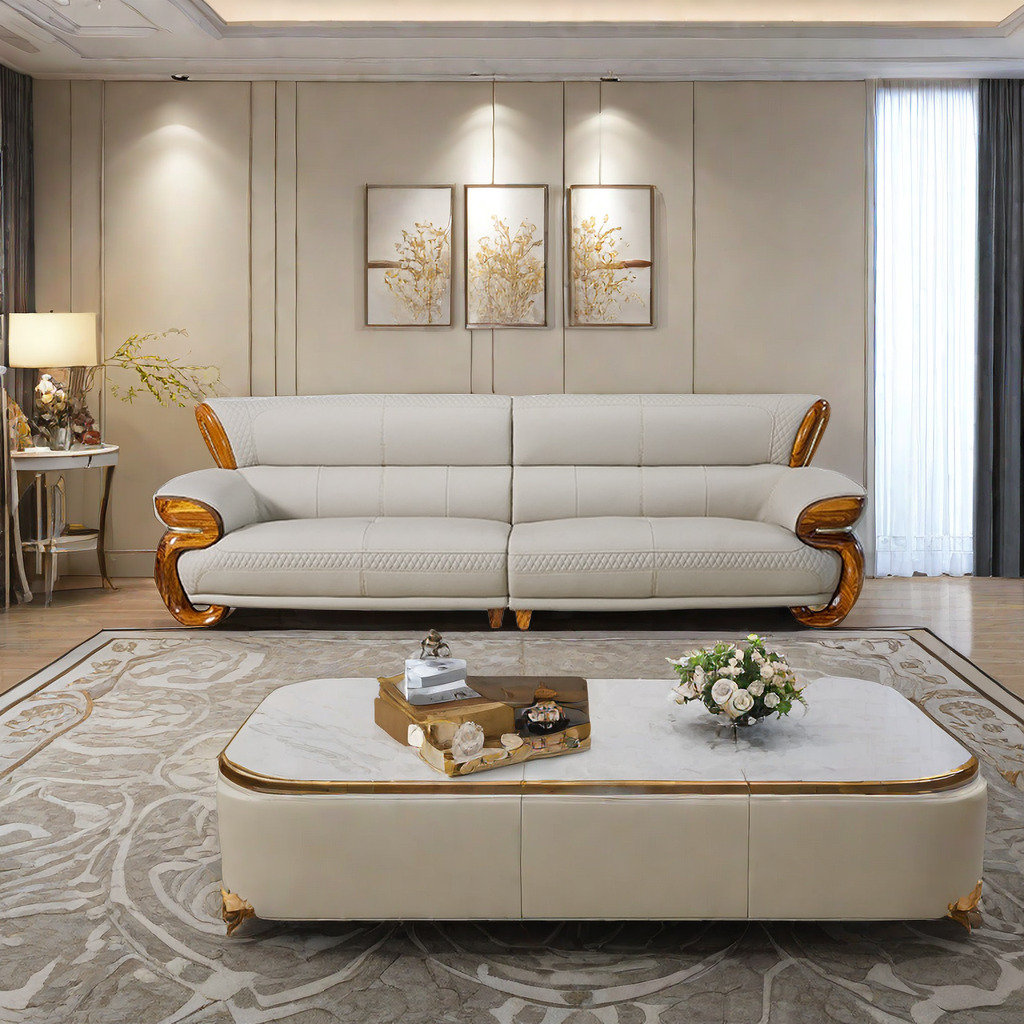 FURNITURE LEISURE, INC. European Solid Wood Leather Modern Luxury Sofa ...