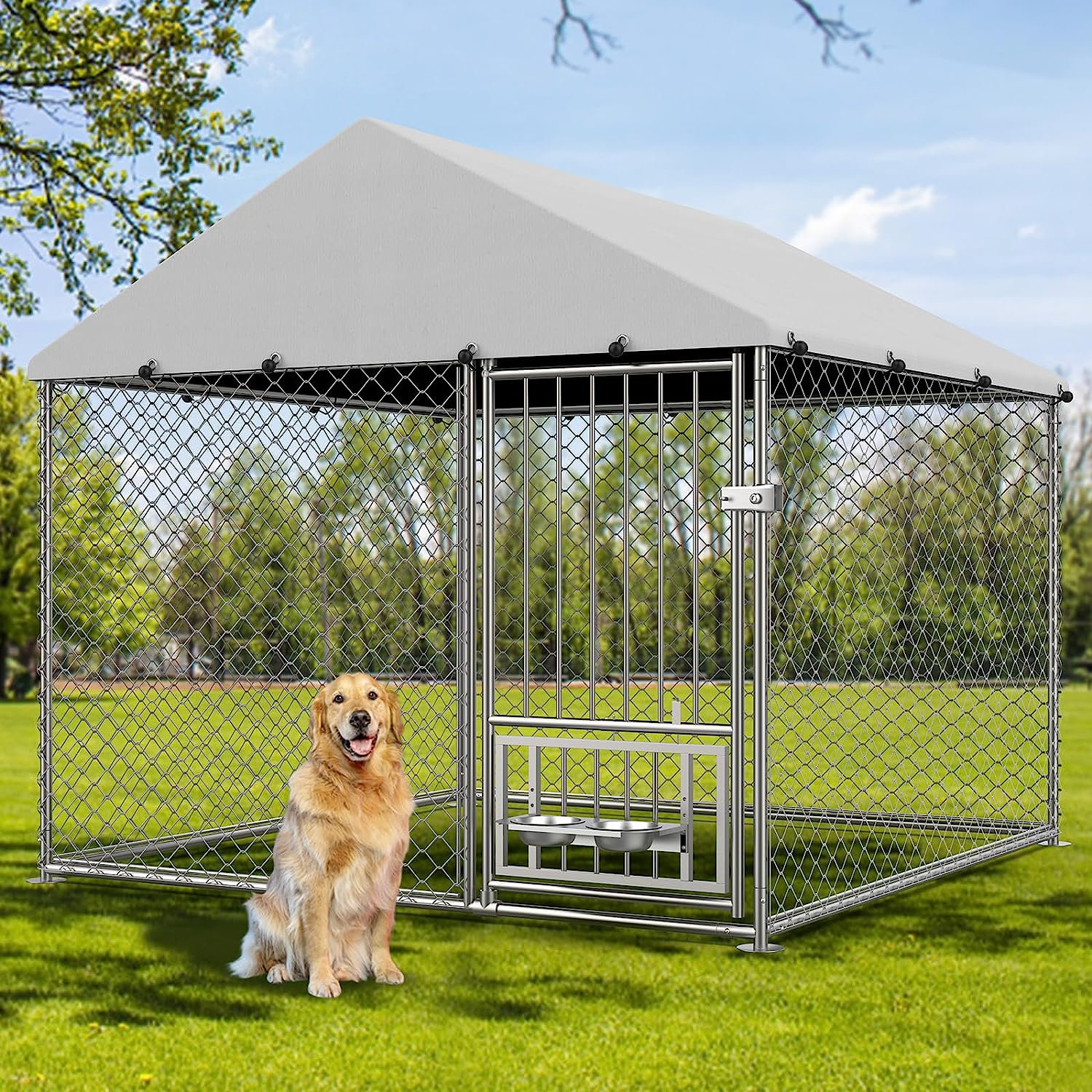 Sapphome Dog Kennel Outdoor With Roof And Rotating Feeding Doors, 6.7 ...