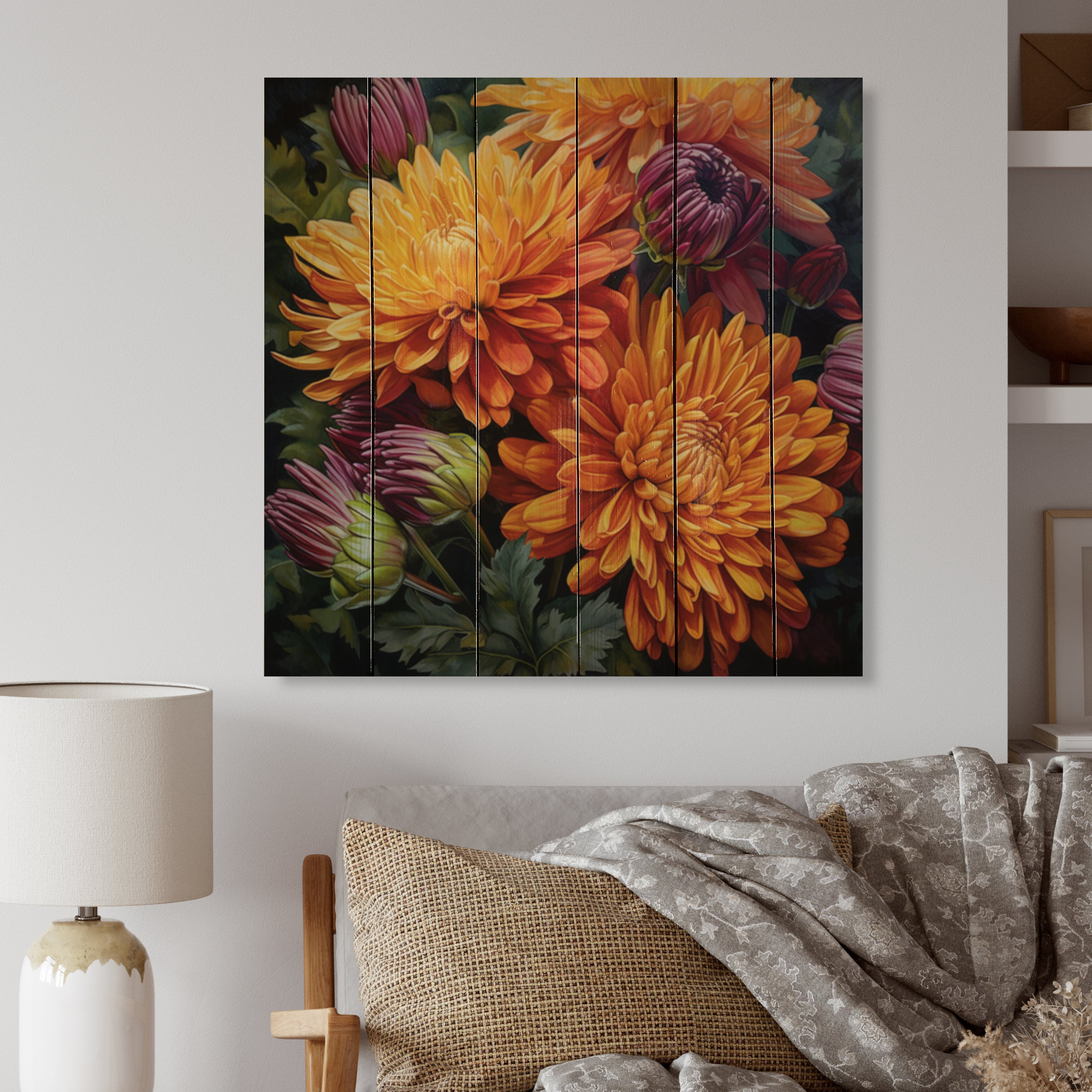 Red Barrel Studio® Kanyen Orange Purple Mums In Bloom On Wood Print ...