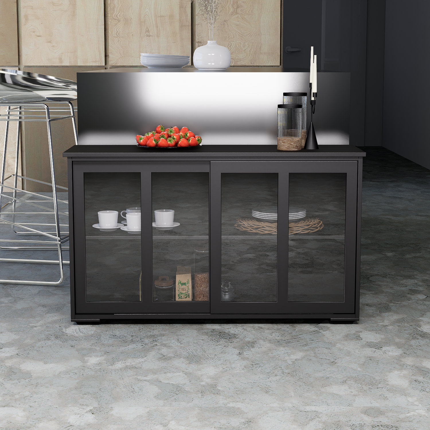 Ebern Designs Black Kitchen Cabinets With Glass Doors | Wayfair