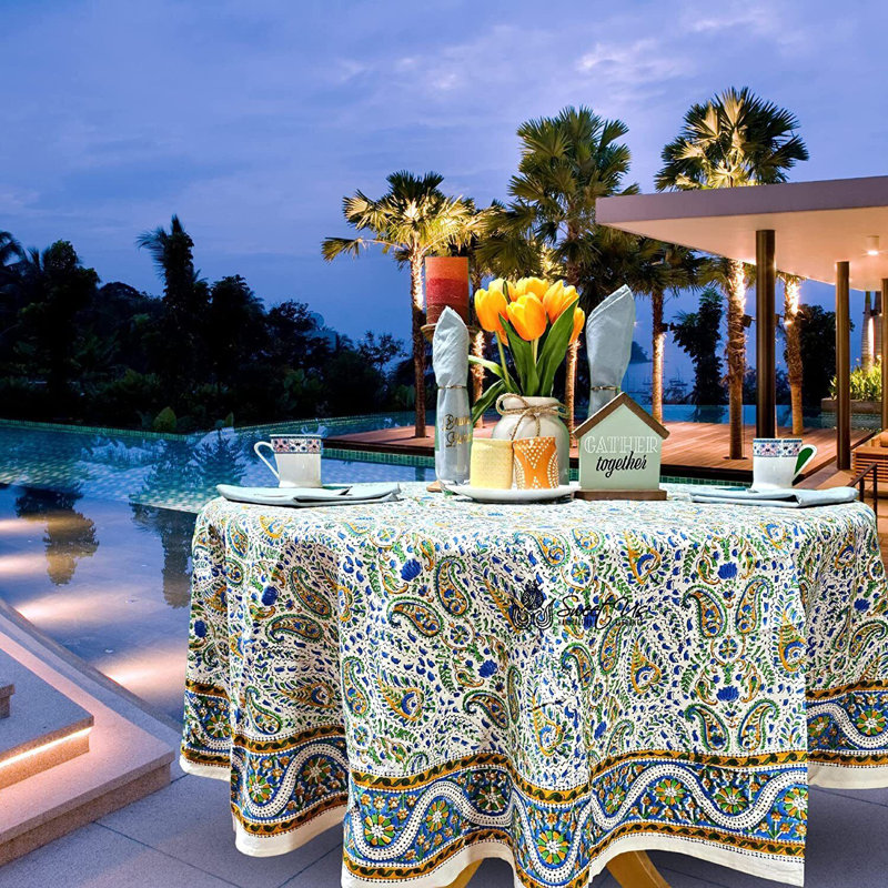 August Grove® Griffey Floral 100% Cotton Block Print Round Tablecloth ...