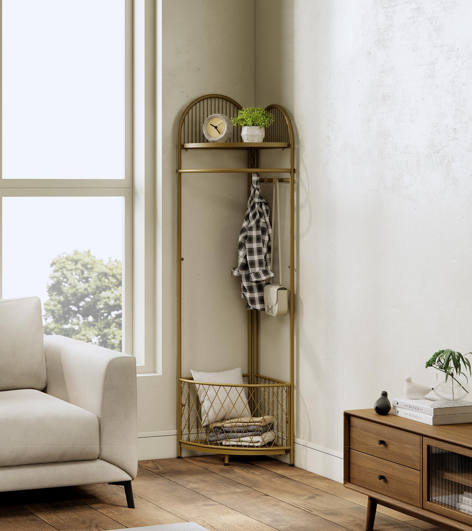 Mercer41 Corner Coat Rack With Storage, Free Standing Metal Corner ...