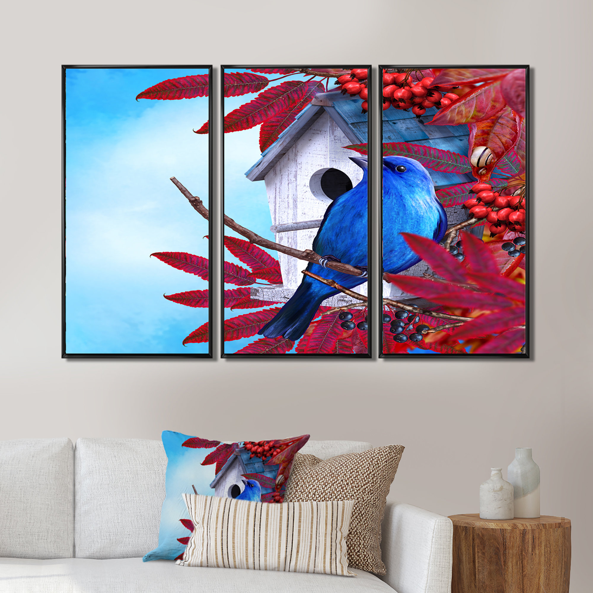 Winston Porter Little Blue Bird Sitting on Red Leaves Branch - 3 Piece ...