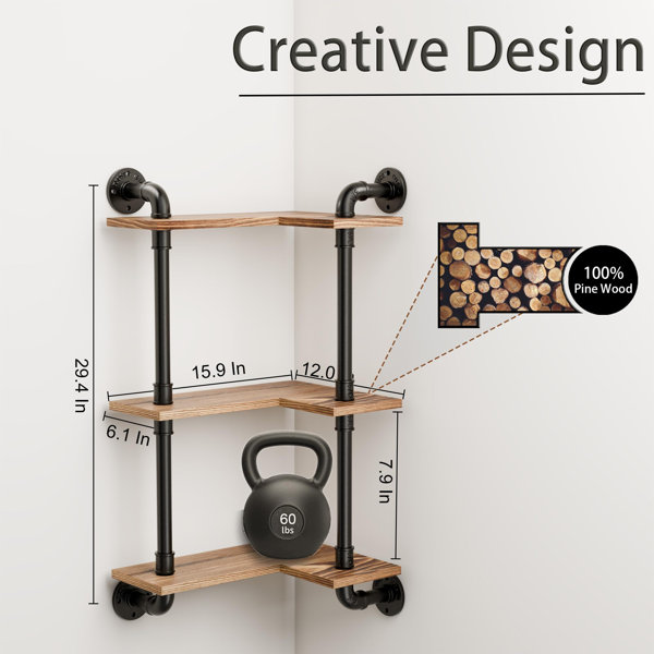 Williston Forge 3-Tier Industrial Corner Pipe Shelf, Rustic L-Shaped ...