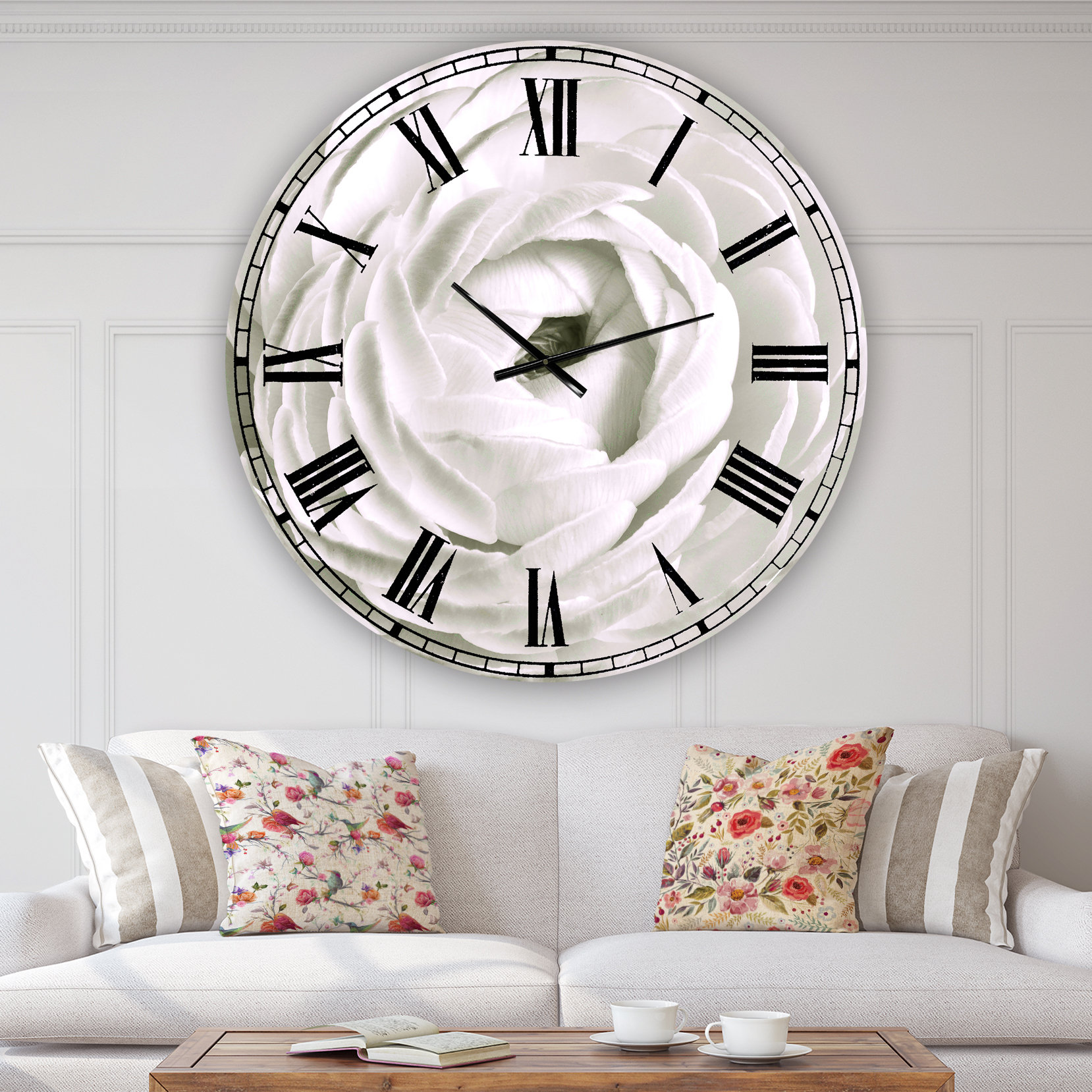 East Urban Home White Rannunculus Close up - Large Cottage Wall Clock ...