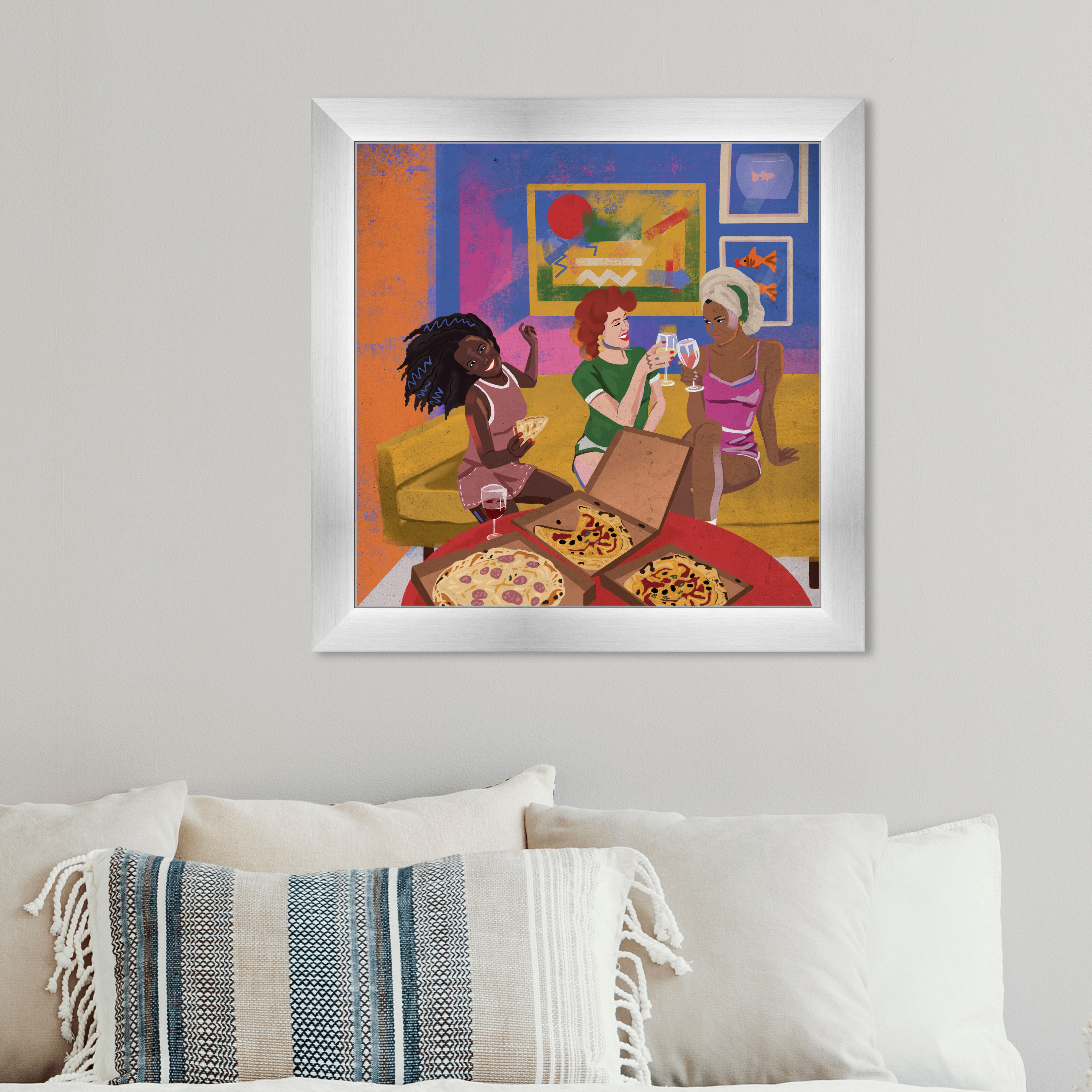 Oliver Gal "Eating Pizza", Relaxing Girl Night Modern Pink Framed Wall ...