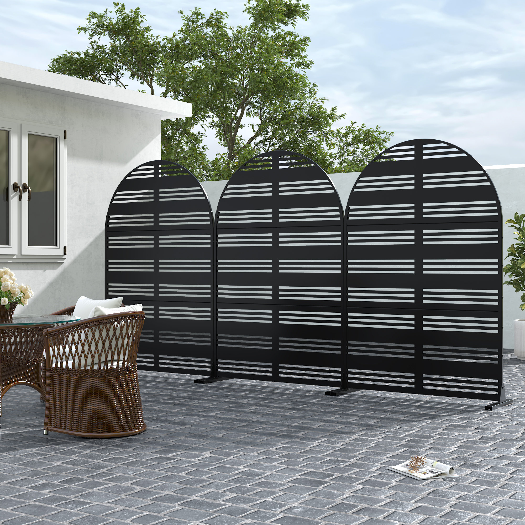 Lumioca Harold 72"x47" Arched Black Metal Outdoor Privacy Screen ...