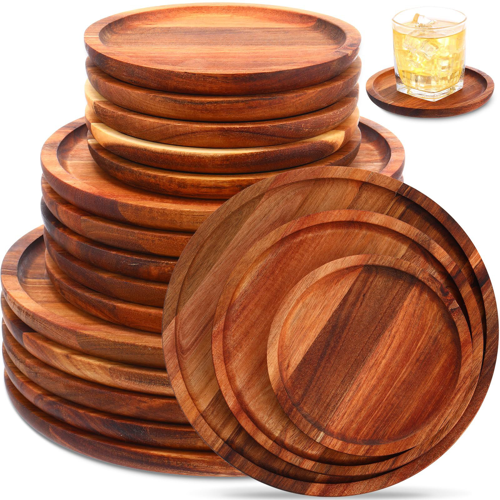 Loon Peak® Set Of 15 Round Acacia Wood Dinner Plates Natural Wooden ...