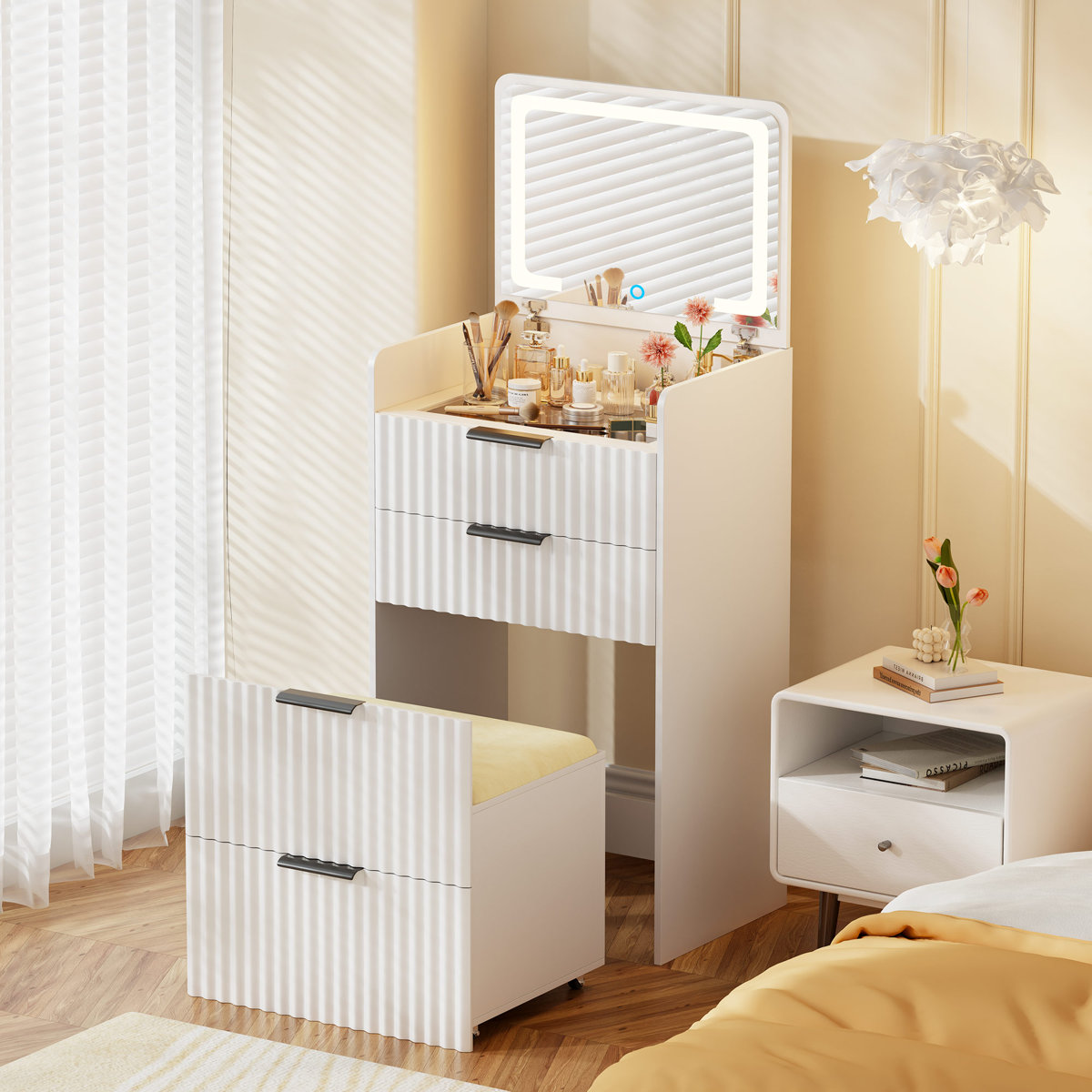 Wrought Studio™ Compact Vanity Desk With Flip-up Led Mirror, Glass ...