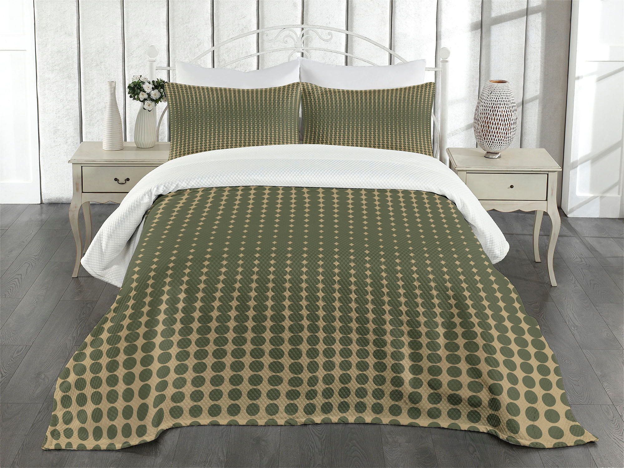 Ambesonne Olive Green Bedspread Set Vintage Oval Dots Olive Green Pale ...
