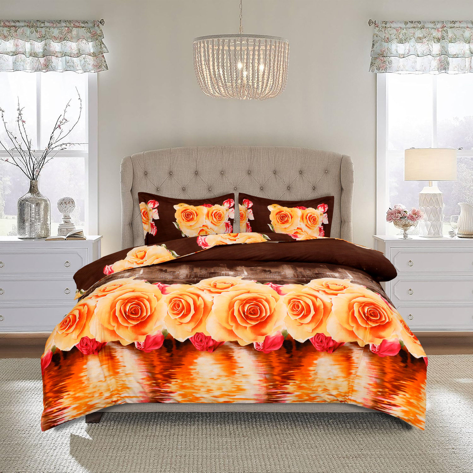 Aspire Homeware Luxury Microfiber Orange And Golden Rose 3D Duvet Cover ...