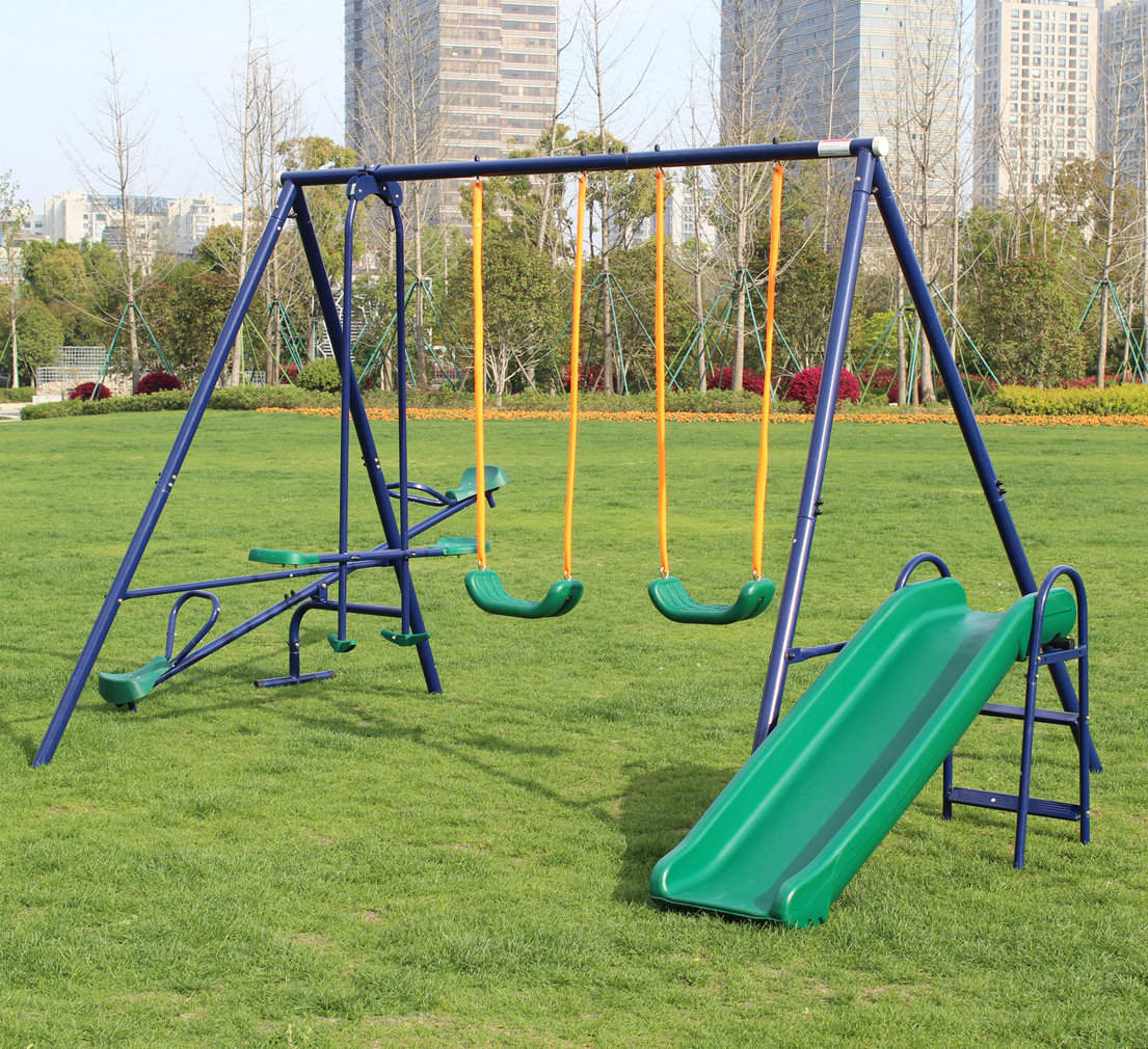 Arlmont & Co. Metal Swing Set With Slide Porch Swing With Stand Outdoor ...