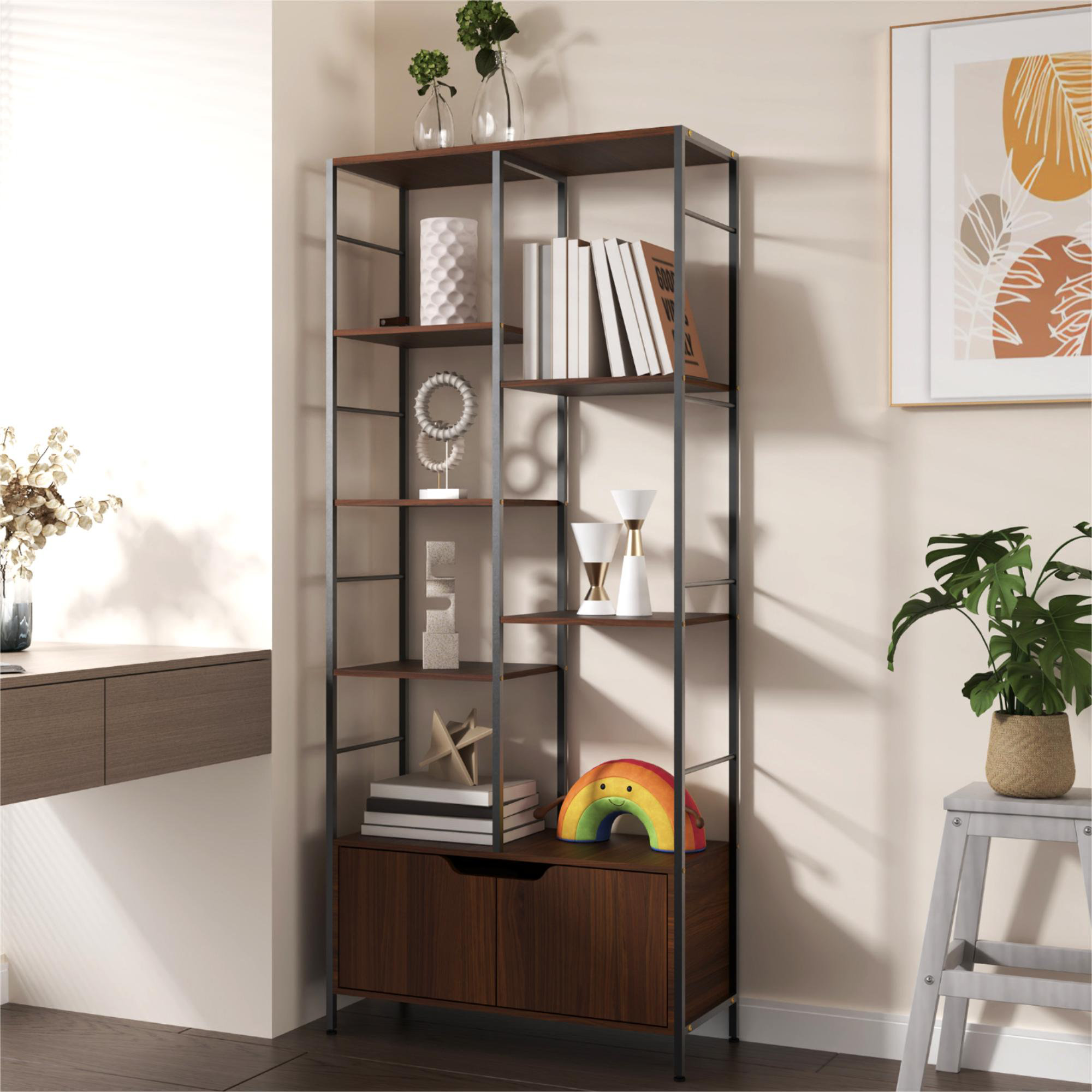 Ebern Designs Bookshelf With Doors, 6-Tier Shelf With Storage Cabinet ...