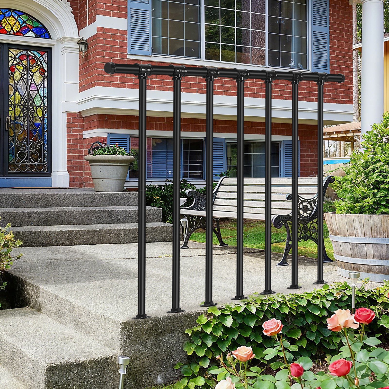 A Home 49" W X 34" H Black Metal Platform Railing Fence, Outdoor/Indoor ...