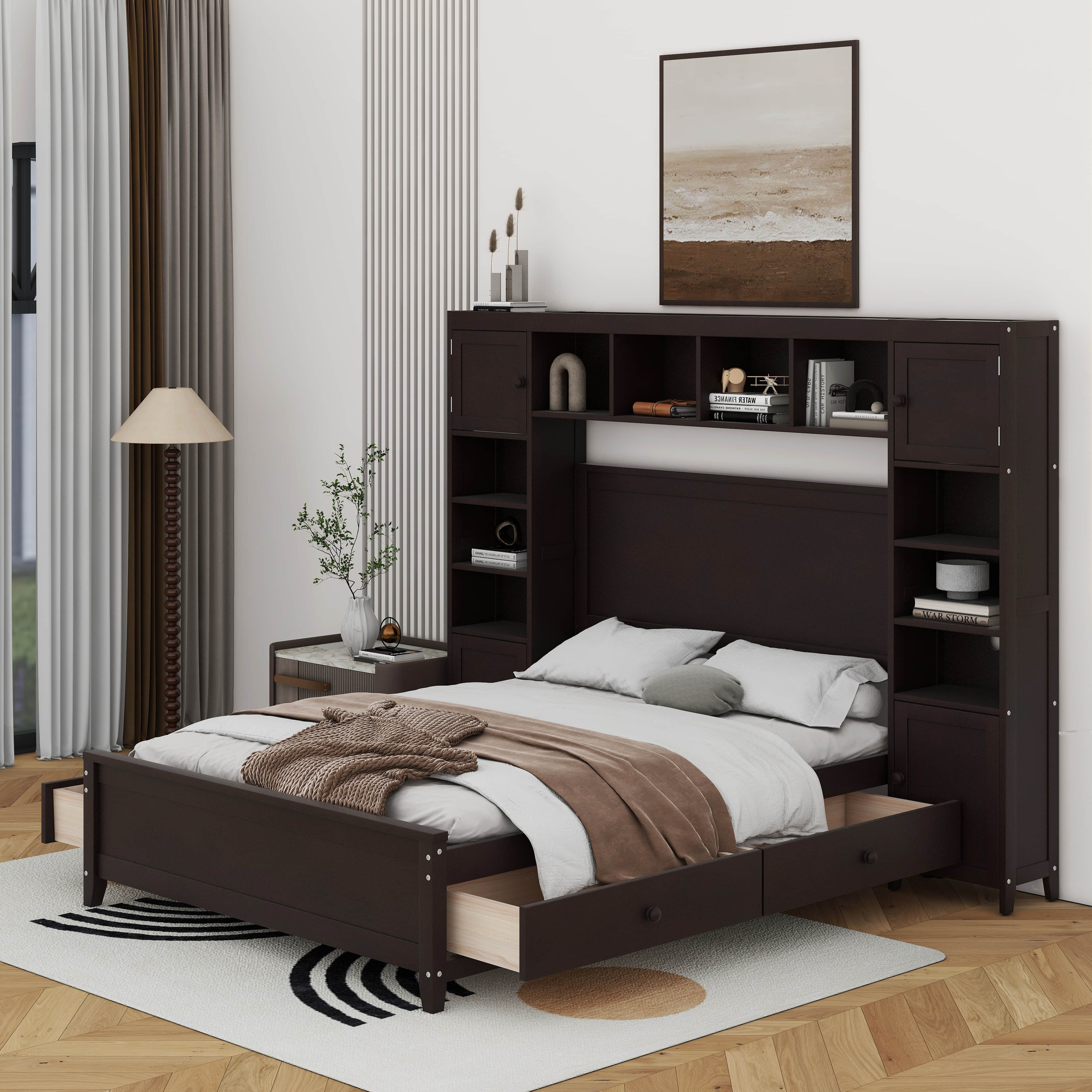 Red Barrel Studio® Full Size Wooden Bed With All-In-One Cabinet And ...