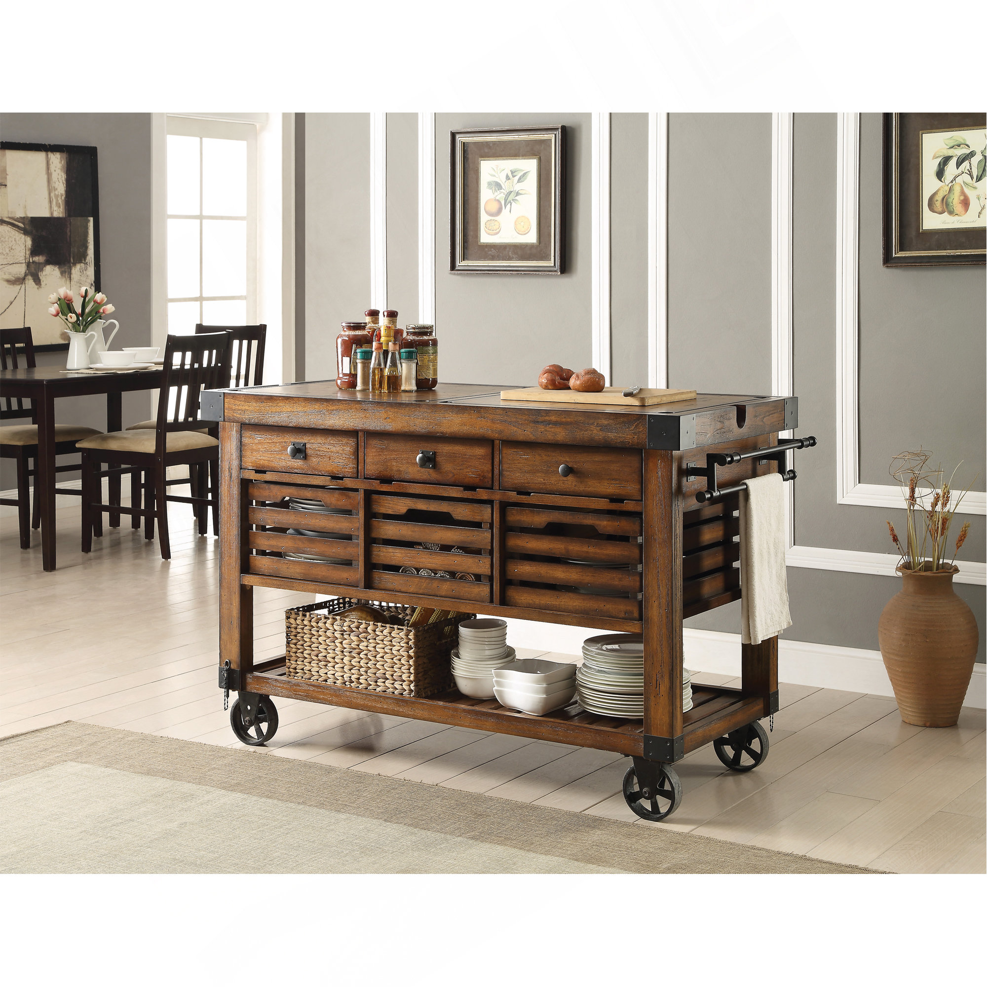 Mr Hua Versatile Distressed Chestnut Kitchen Cart For Efficient Cooking And Storage | Wayfair
