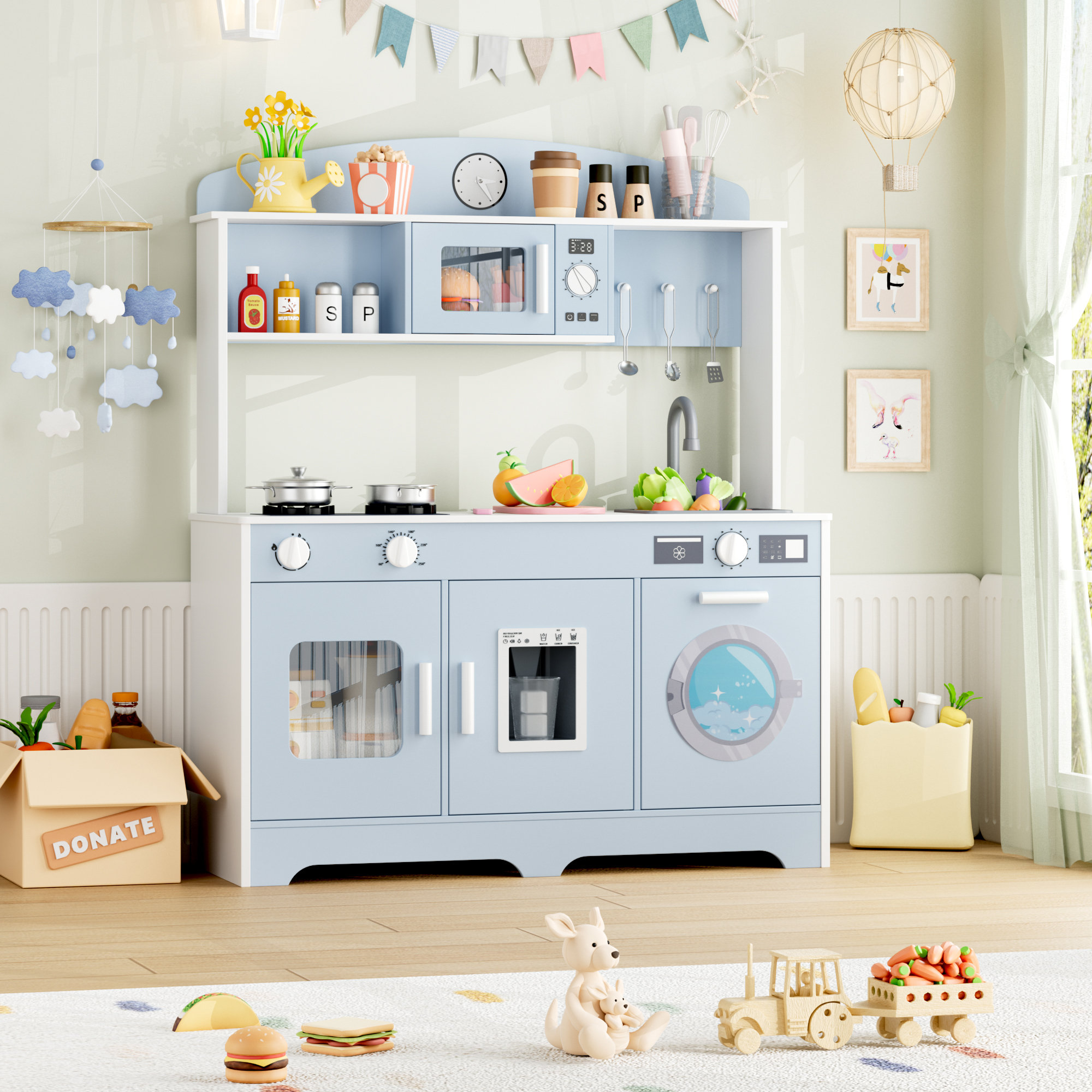 HOMECHO 38.6"H Wooden Kitchen Play Set For Kids, Pretend Play Kitchen ...