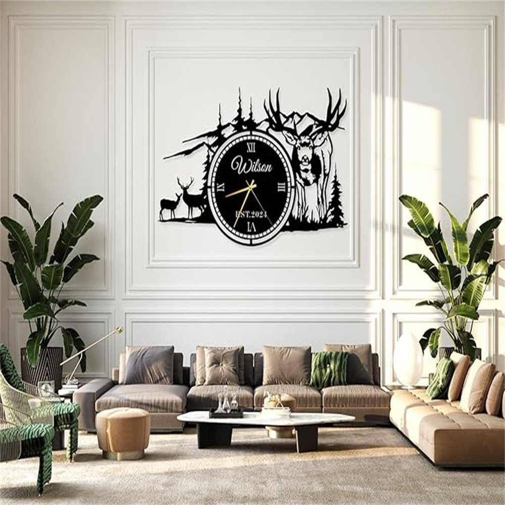 Millwood Pines Metal Wall Clock With Deer, Personalized Family Name ...