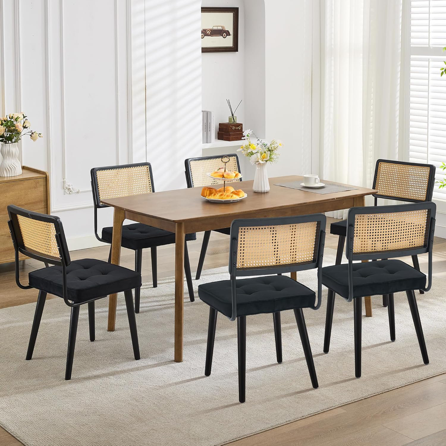 Bay Isle Home™ Natural Rattan Dining Chairs, Velvet Upholstered Kitchen ...